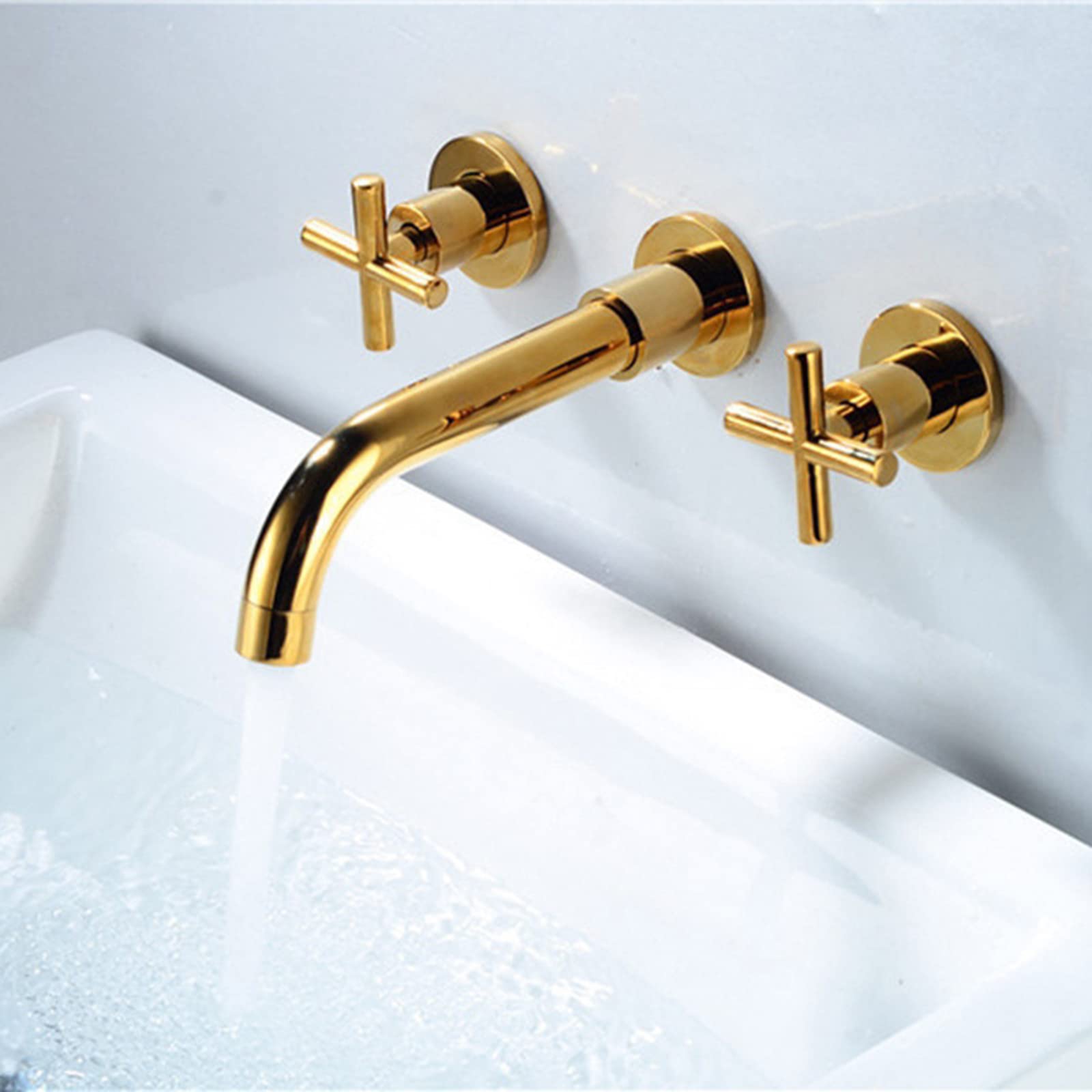 Wall Mount Bathroom Faucet,Double Handle Wall Mount Brass Basin Mixer,360 Degree Rotating Nozzle,1/2 Standard Thread,Bathroom Faucet,Gold (Color : Gold)