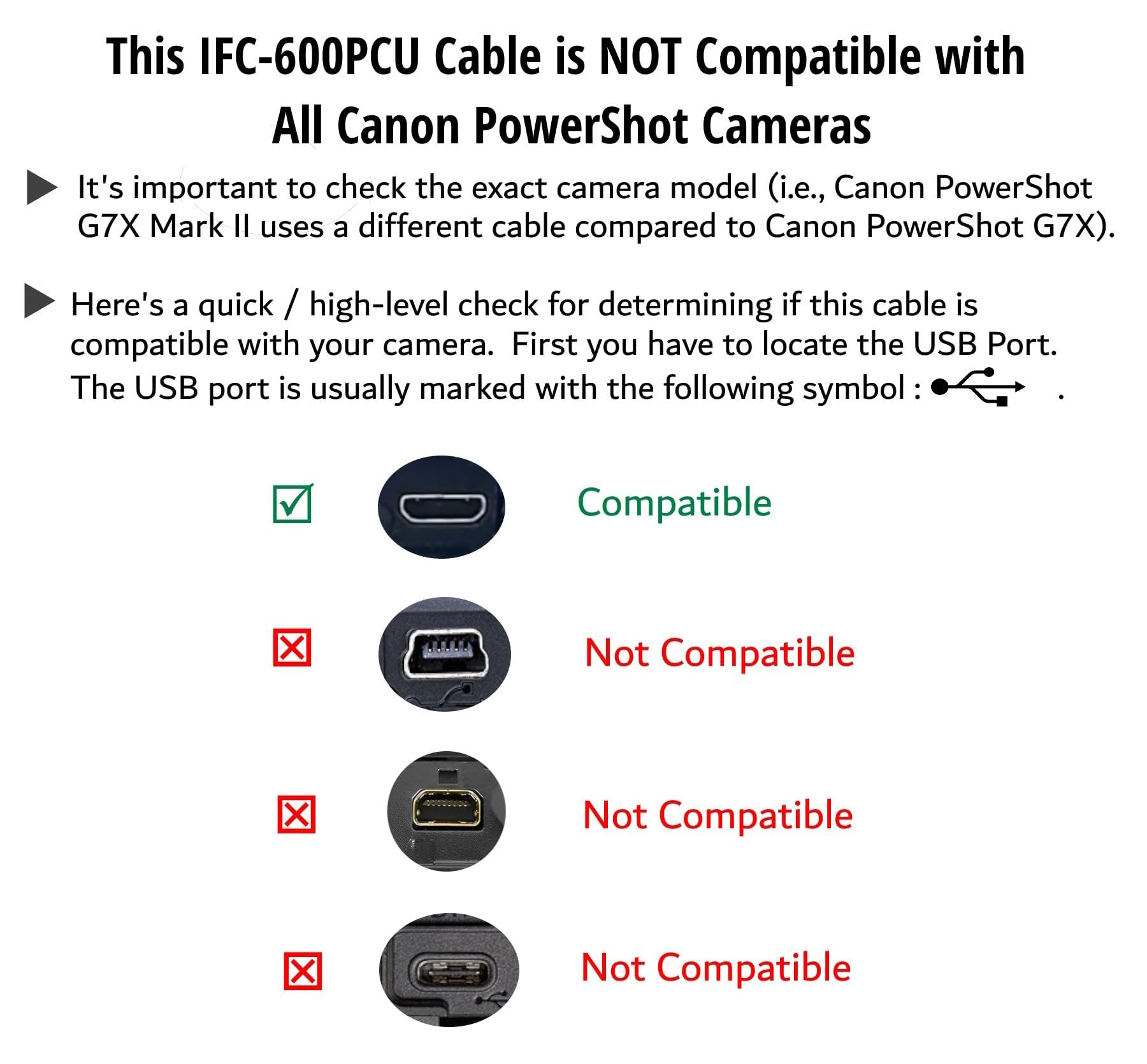 Replacement Interface Cable IFC-600PCU Compatible with Canon PowerShot G7X Mark II, G9 X, G9 X Mark II, SX620 HS, SX720 HS, SX730 HS, EOS M5, EOS M6 (Not for G7X)