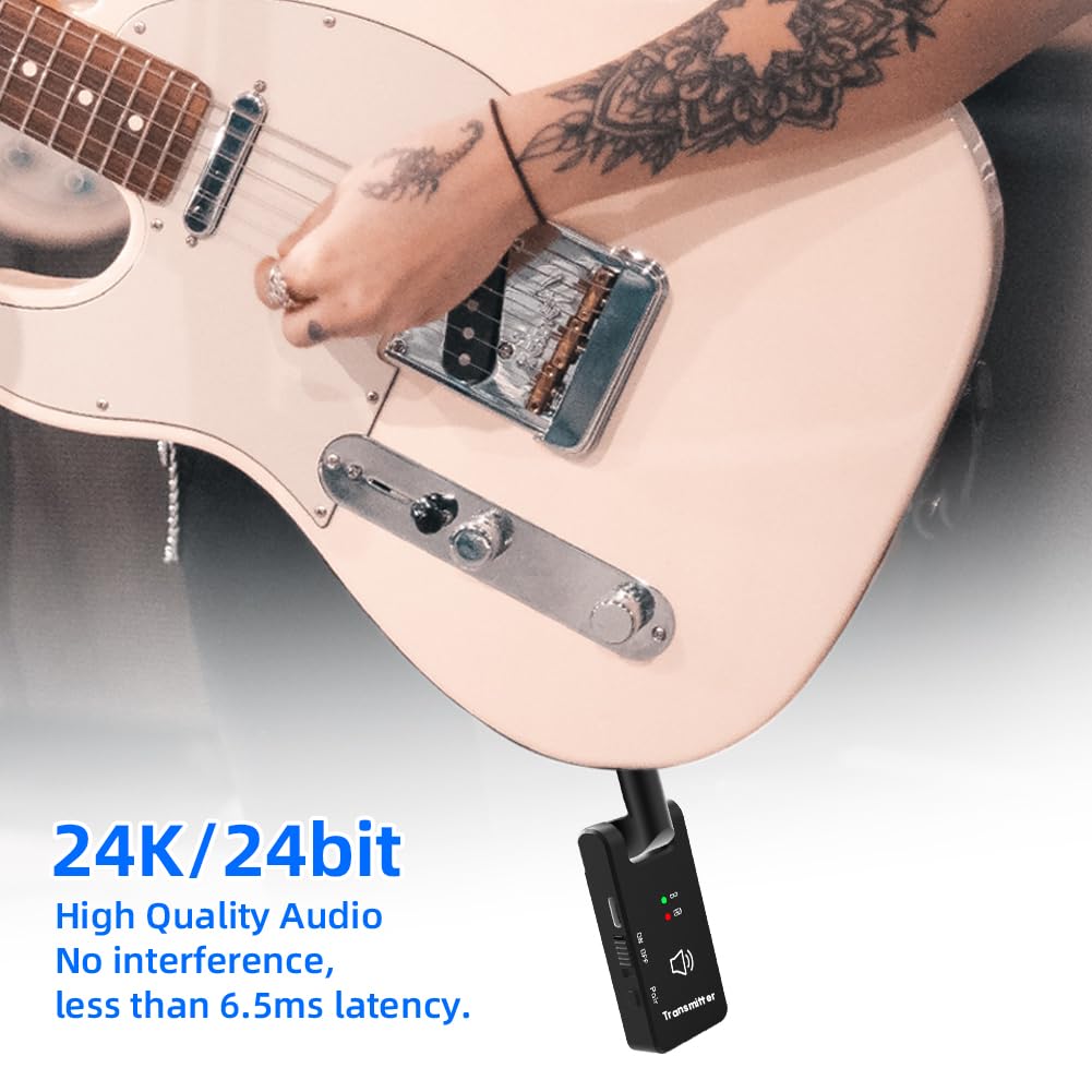 AITONE Wireless Guitar System 2.4Ghz Transmitter Receiver 4 Channels with Audio Adapter and Recharging Case for Guitar Bass Active & Passive Pickups Music Instruments