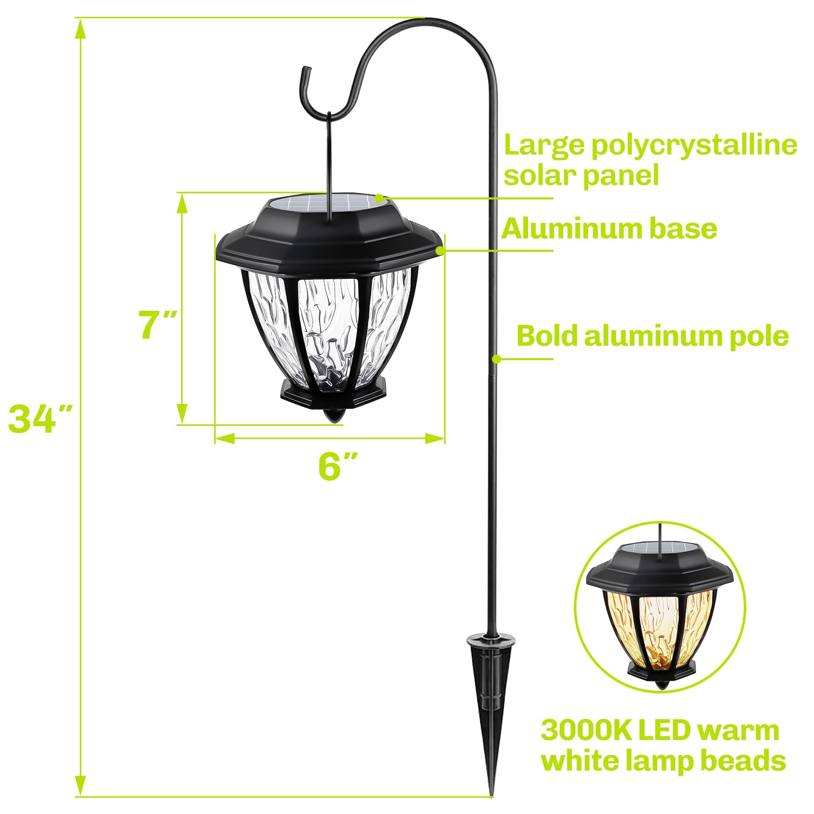 Eeauld Solar Pathway Lights, 2 Pack Shepherd Hook Lights Waterproof Hanging Solar Lights 34 Inch Outdoor Solar Lanterns 3000K Warm White