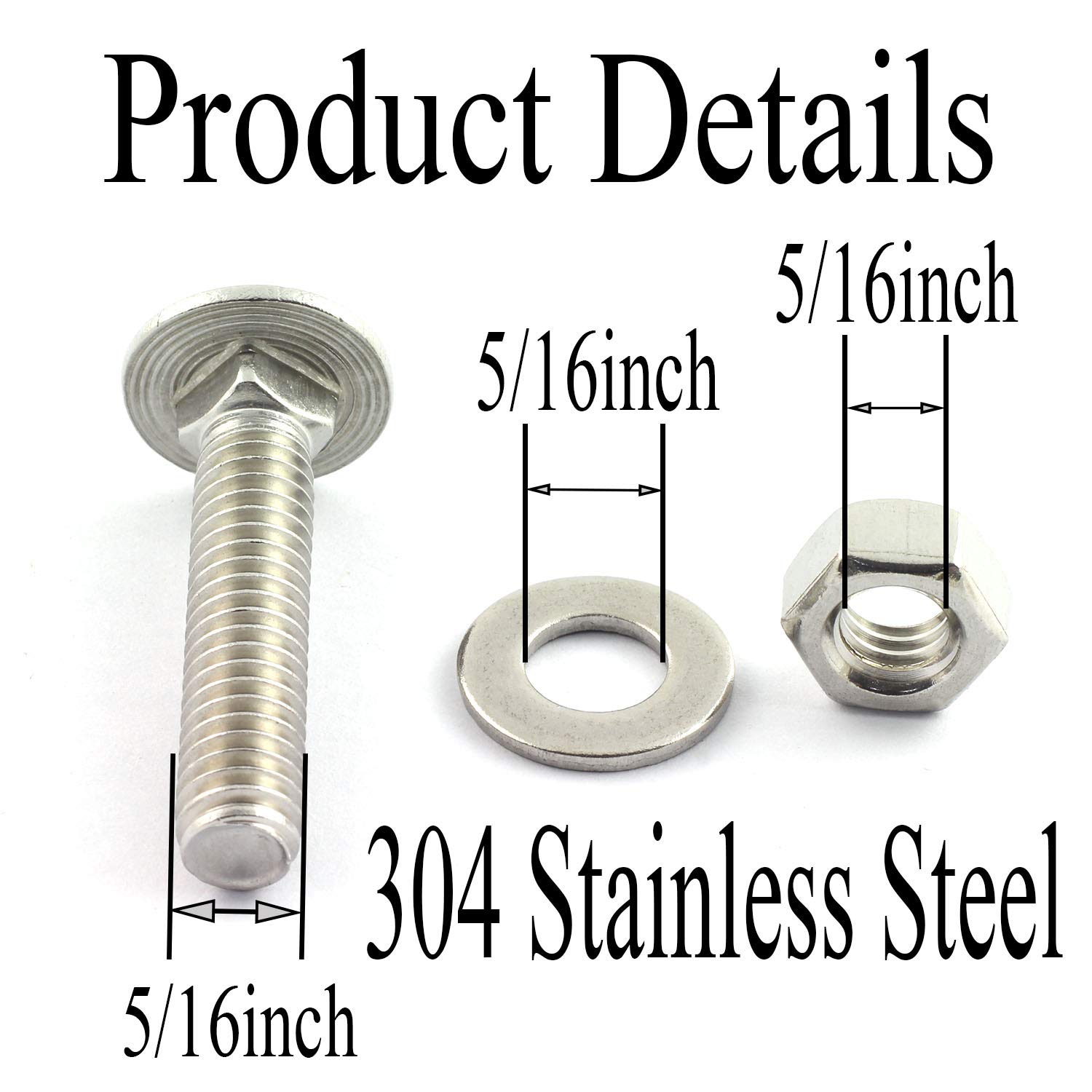 RuiLing 10 Set Carriage Bolt Sets 304 Stainless Steel Carriage Screw Hex Nut and Flat Washer Kits 5/16-18 Inches