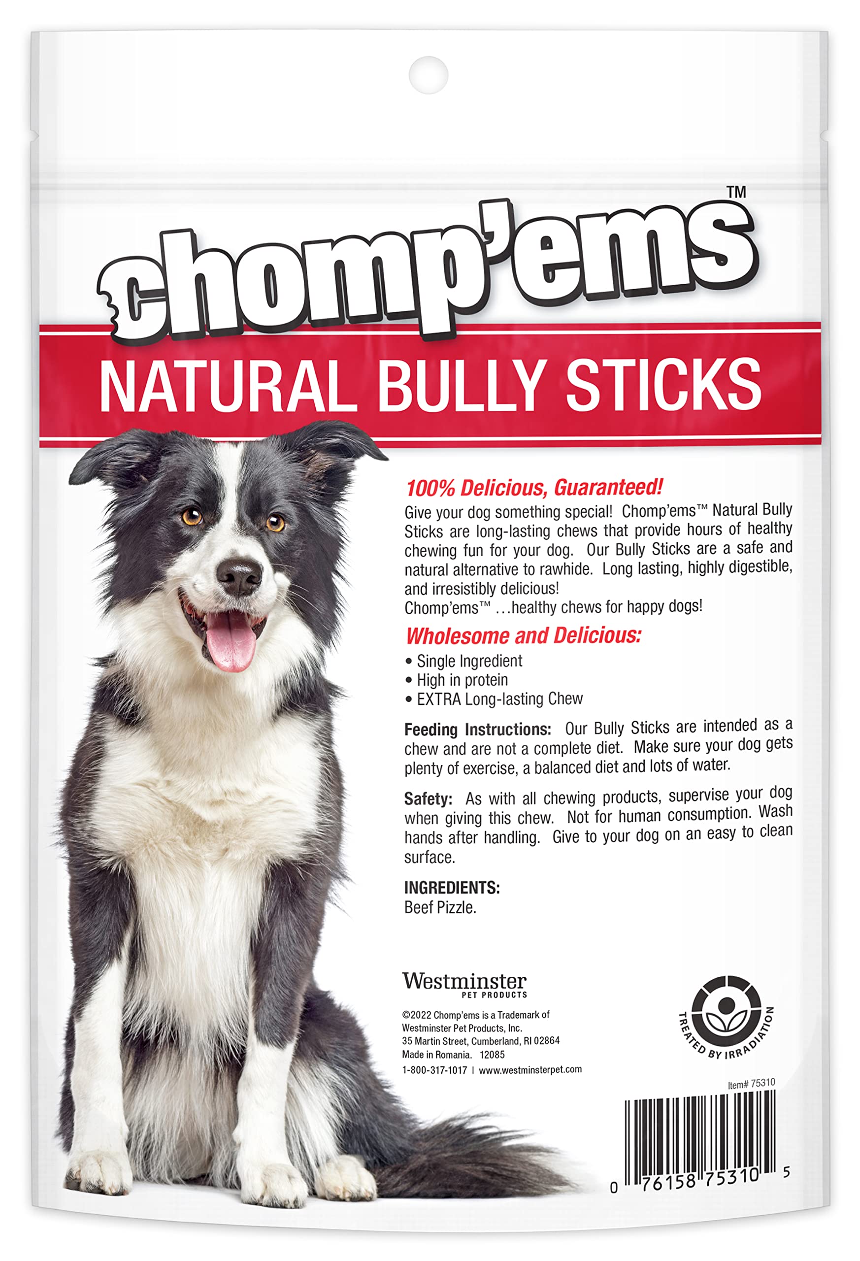 Chomp'ems Naturally Delicious Bully Sticks - Long Lasting No Hide Dog Chews - No Artificial Flavors, Colors, Or Preservatives - Protein Rich Alternative to Rawhide, 8 Oz.