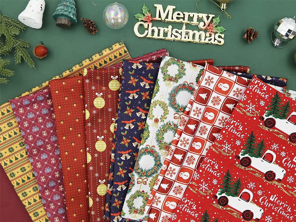 Christmas Fabric Squares Quilting Fabric Patchwork, 50 x 50 cm/ 19.68 x 19.68 Inches Bell Snowflake Snowman Precut Fabric for Sewing DIY Quilting Supplies Xmas Sewing Crafting Gift Wrapper Decor