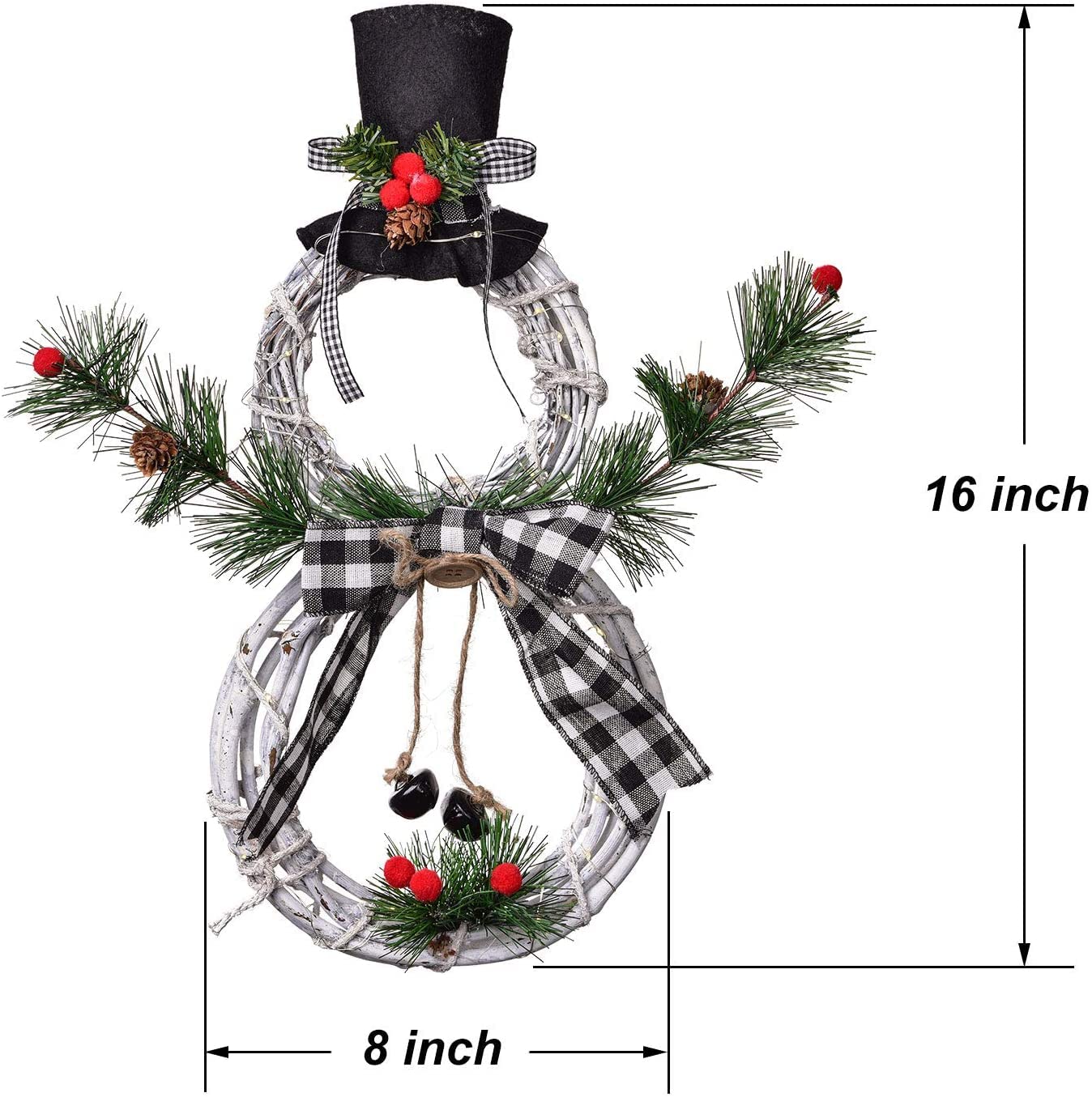 DearHouse Lighted Christmas Wreath Decoration, 16 x 8 Inch Grapevine Wreath with Hat and Bow Snowman Shape Wreath for Front Door Home Garden Wall Decor