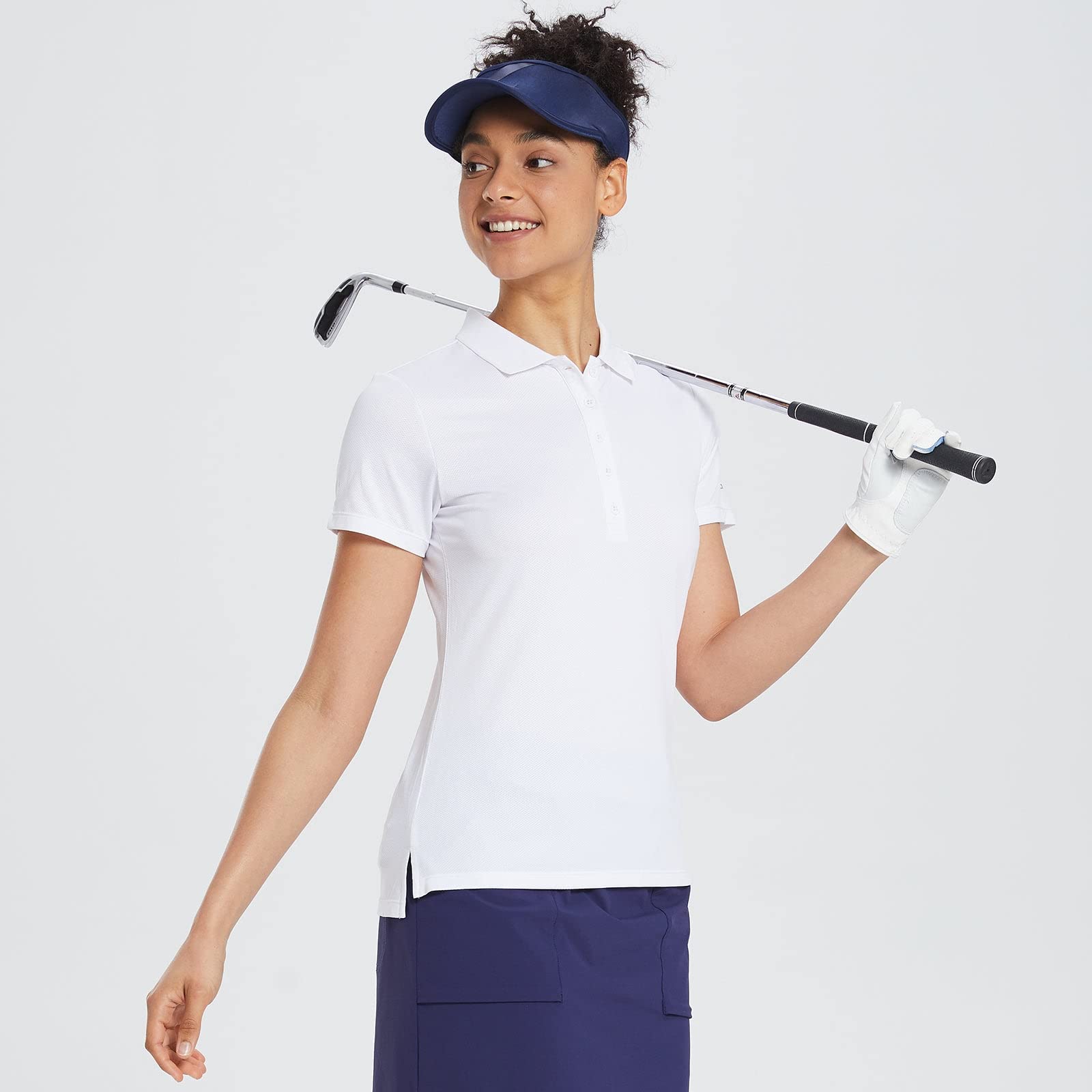 BALEAF Women's White Polo Shirts for Golf Short Sleeve Tops Quick Dry UPF50+ Lightweight 5-Button Pique Uniform Size L