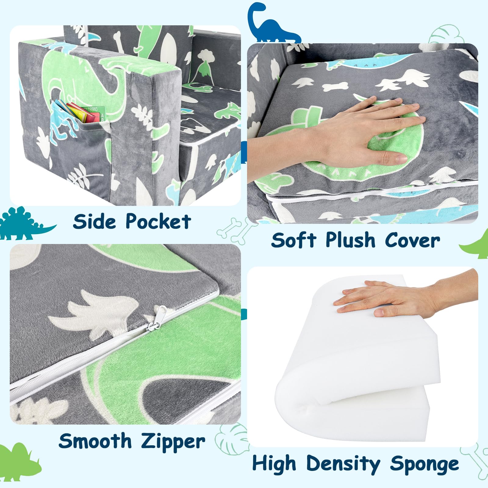 Fivetry Kids Sofa - Comfy 2-in-1 Kids Couch Bed Glow in The Dark Baby Modular Dinosaur Couch Kids Chairs Comfy Toddler Convertible Couch Bed for Girls and Boys, Grey