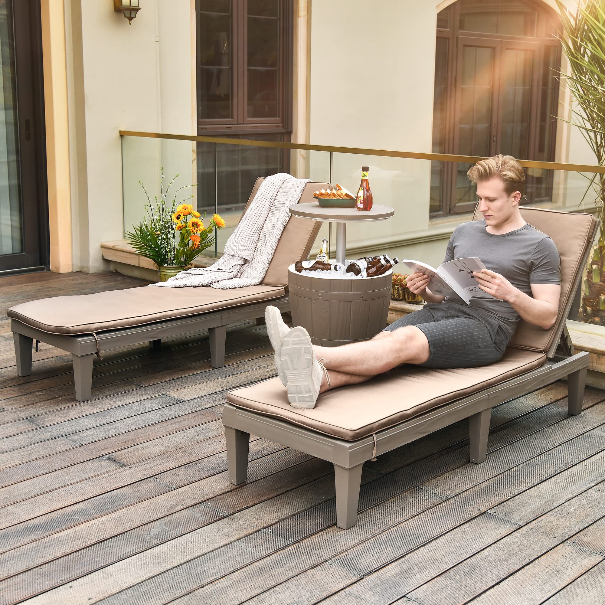 YITAHOME Patio Chaise Lounge Set of 2, Outdoor Chaise Lounge with Cushion & Adjustable Backrest for Backyard, Poolside, Lawn, Waterproof & Easy Assembly (Taupe)