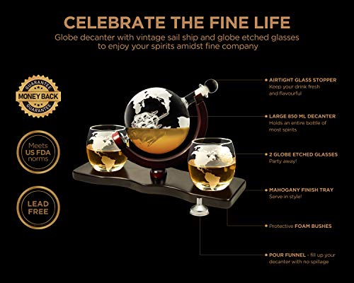 flybold Whiskey Decanter Set - Whiskey Decanter Globe Set for Men Certified Safe Great Gifts for men - Bourbon decanter Scotch Decanter Sets 28 oz Includes 2 Glasses