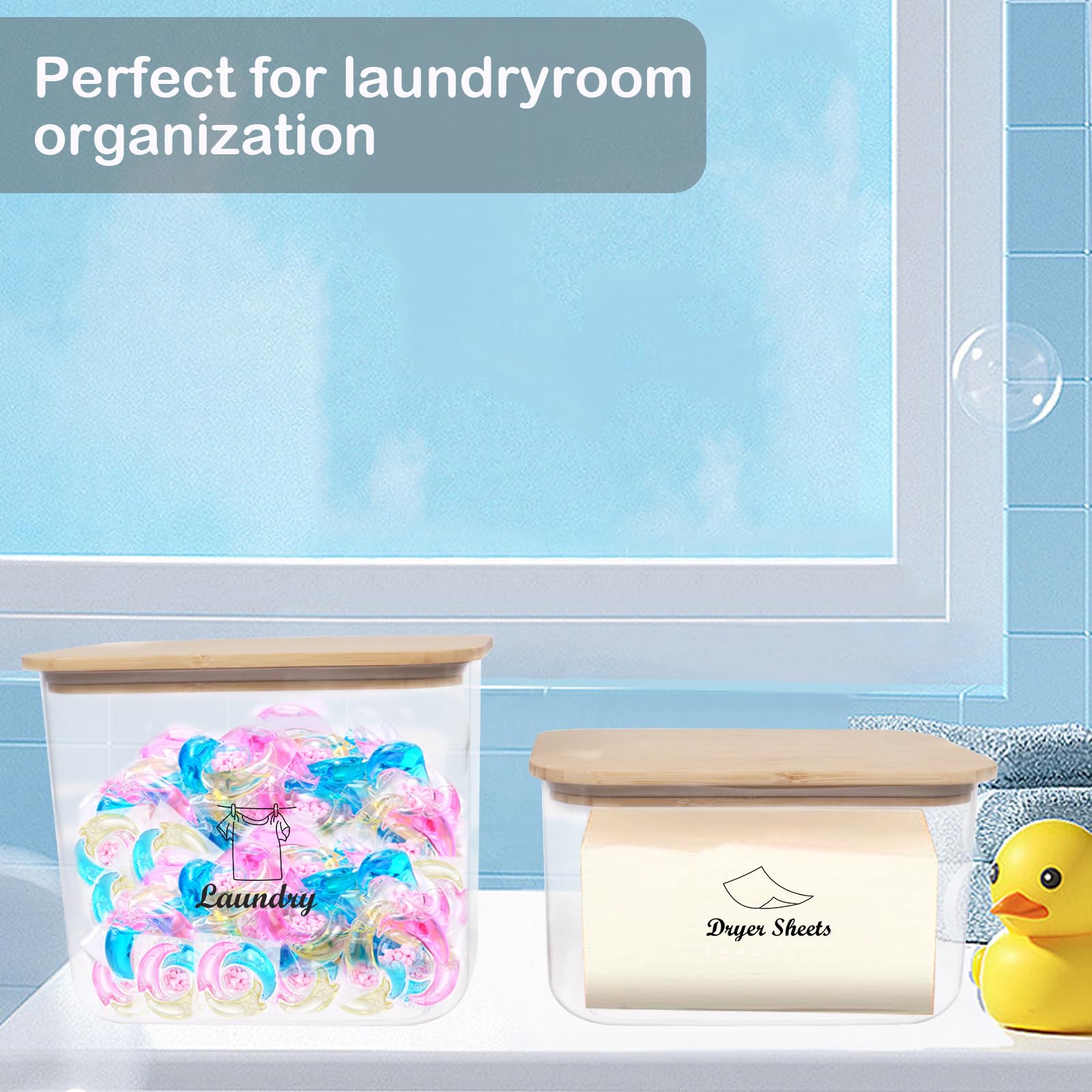 Xbopetda Laundry Pods Container and Dryer Sheet Holder for Laundry Room Organization and Storage, Acrylic Laundry Powder Detergent Dispenser, Clear Dryer Sheets Container, Bamboo Sealing Lid and Scoop