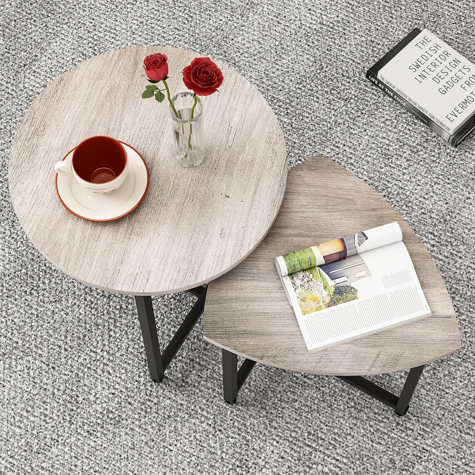 Wolawu Nesting Table Small Round Coffee Table,Set of 2 End Tables,Minimalist Side Table for Living Room Bedroom,Stacking Sofa Side Tables with Solid Metal Frame for Small Space,Oak