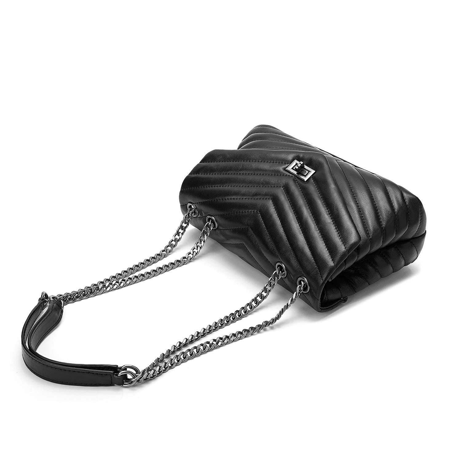EvaLuLu Leather Quilted Chain Shoulder Bag Designer Women Flap Handbags (Medium, Black)