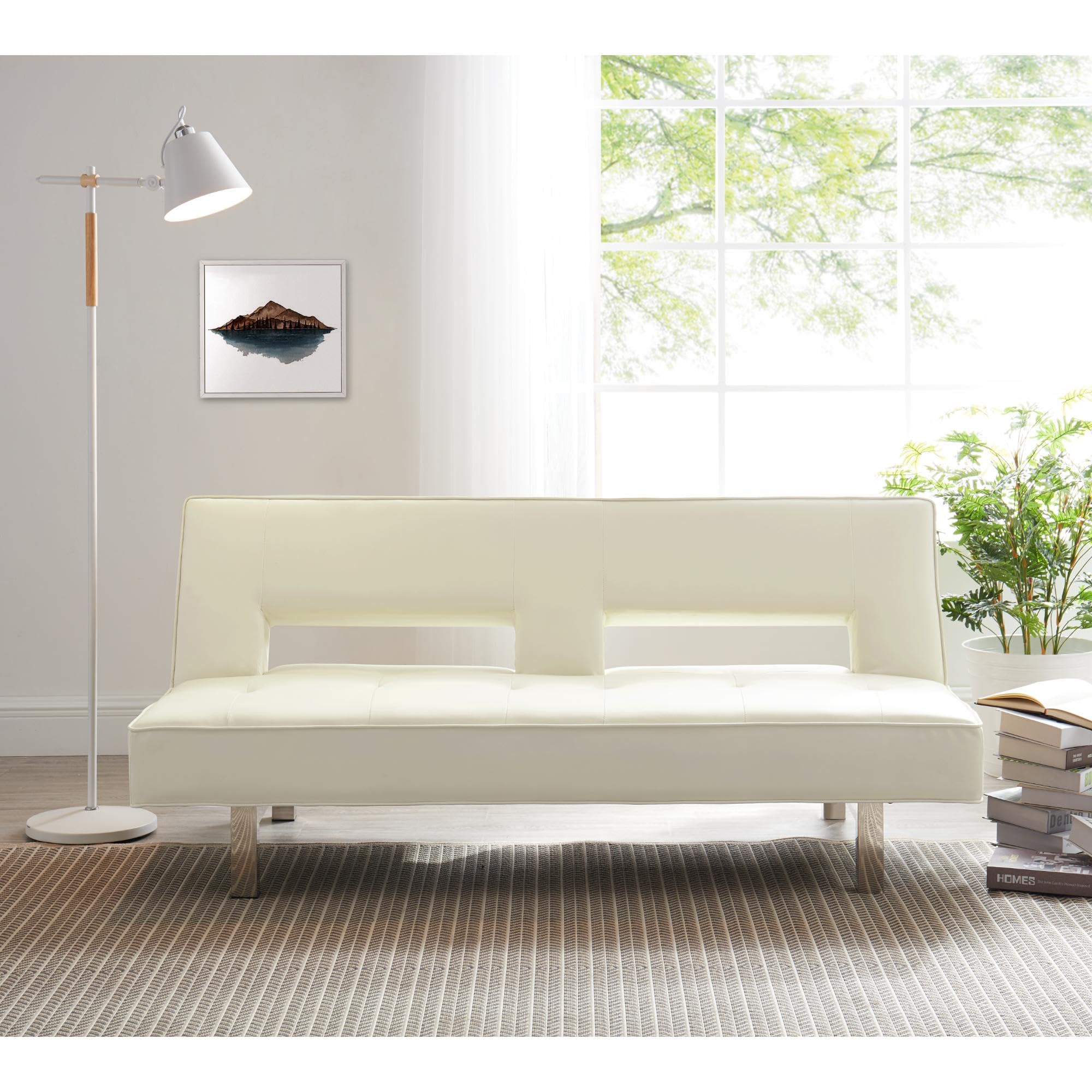Astrid Futon Sofa Bed Faux Leather Futon Couch Modern Convertible Folding Sofa/Bed Couch with Chrome Legs Reclining Mini Coach Leather Futons Small Couch for Bedroom Living Rooms, Office - Cream