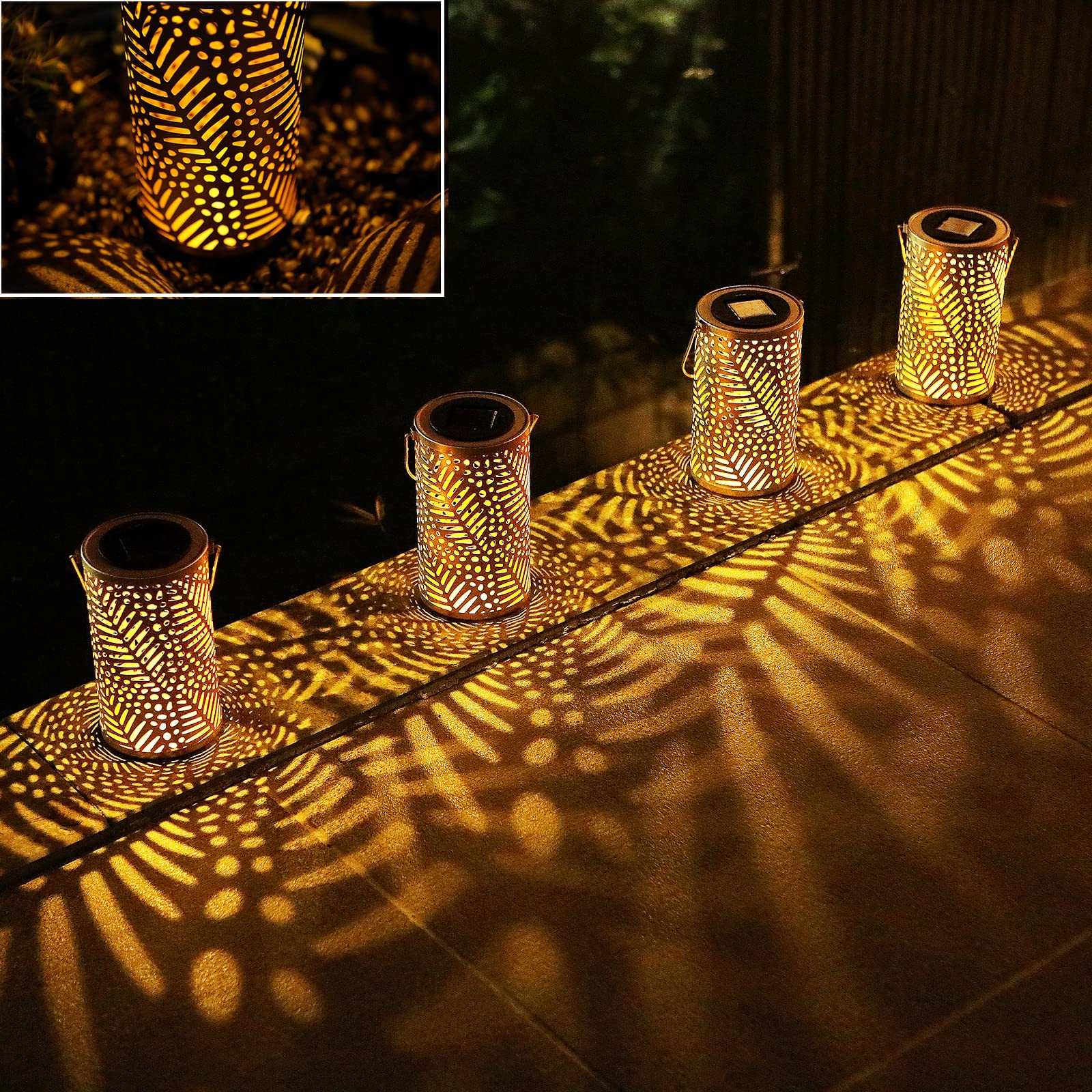 FLJZCZM Solar Lanterns Lights Outdoor Lantern Hanging Garden Metal Retro Light Battery Table Lamp Decorative Yard Camping Waterproof (Golden)
