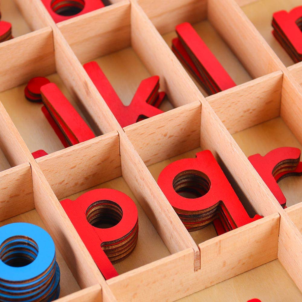 Kghios Montessori Wood Small Movable Alphabet with Box and Large Mat Preschool Spelling Learning Language Materials Toys (Red & Blue)