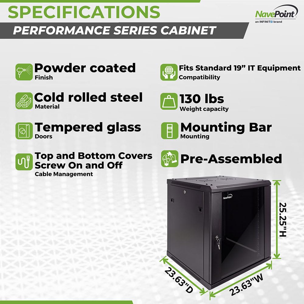 NavePoint 12U Server Cabinet Wall Mount Rack Enclosure Includes 2 Fans, Locking Glass Door, Removable Side Panels β 12U Network Cabinet 23.6β Deep, 19 Inch Server Rack for IT and A/V Equipment