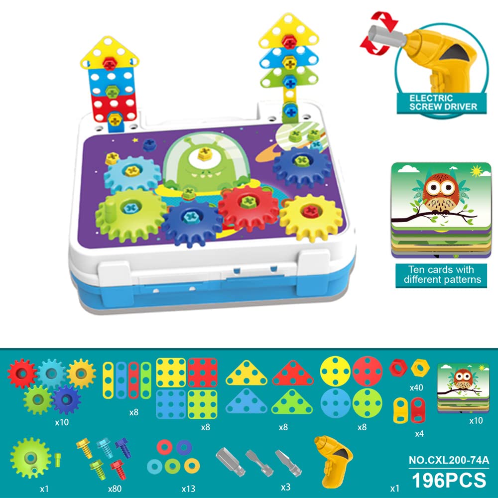 Gears Toys for Kids,Colorful Building Blocks,Tools Box Include Drill for Kids & Drive Belt Gears,Child Development Toys for Ages 3