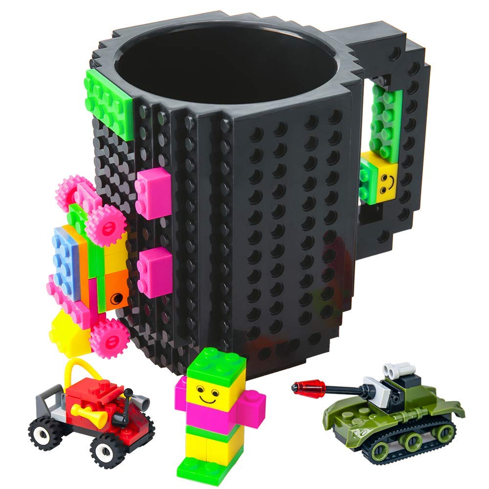 BOMENNE Build-on Brick Mug,Funny Novelty Coffee Mug,Creative DIY Building Blocks Cup,Birthday Party Cups for Kids,Unique Gifts for Christmas,Black