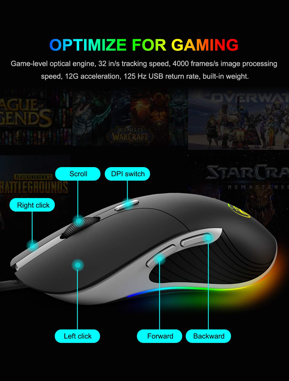 KKUYI RGB Gaming Mouse Wired, USB Computer Gaming Mice with Chroma RGB Lighting/6 DPI Levels/6 Buttons, RGB Gamer Desktop Laptop PC Gaming Mouse with 6ft Cable for Windows Xbox PS4 (Black-01)