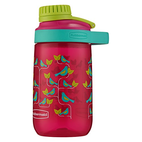 Rubbermaid Leak Proof Chug Kids Water Bottle, 14 oz, Tart Pink with Birds on Vine Graphic