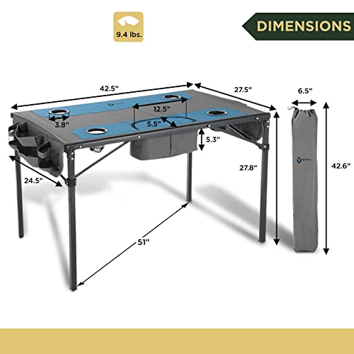 ARROWHEAD OUTDOOR 51” Heavy-Duty Portable Folding Table, 8 Cup Holders, Integrated Cooler, 2 Side Storage Pouches, No Sag Surface, Carrying Case, Steel Frame, High-Grade 600D Canvas, USA-Based Support