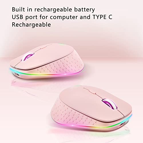 ASHATA 2.4G Wireless Mouse, RGB Running Light Gaming Mouse, Dual Mode Rechargeable Cordless Mouse, Adjustable 1000 1200 1600 DPI Portable Ergonomic Mice for PC Laptop, Pink