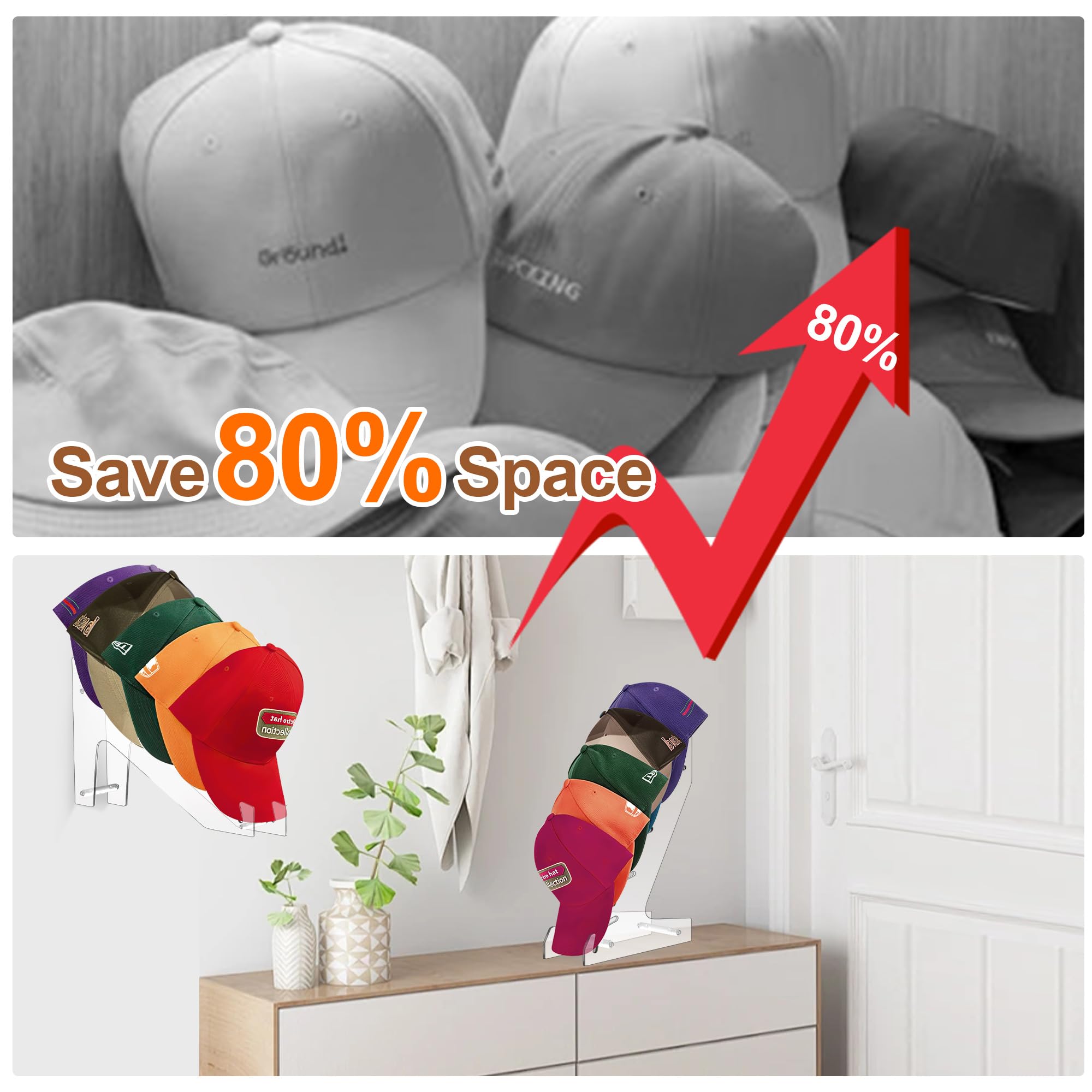Loscarol Baseball Cap Hat Organizer - 2 Pack Space-Saving Hat Rack Storage | Wall Mounted Hat Holder for Closet, Dresser, Entrance | Acrylic Hat Stand Display & Cap Organizer for 10 Baseball Caps
