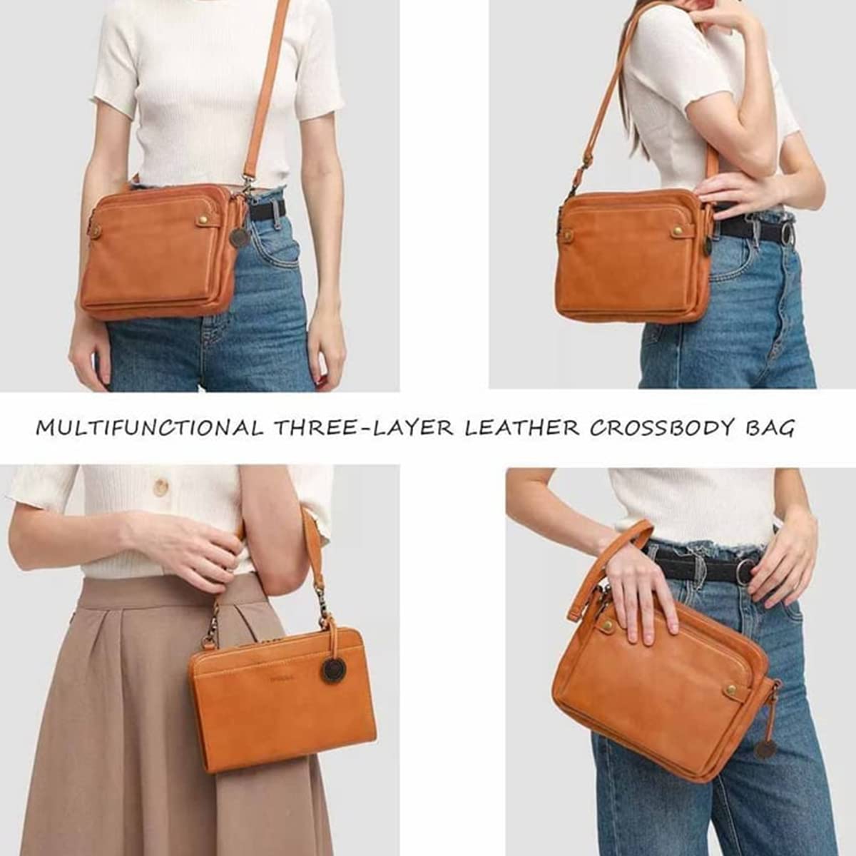 BALINS 2023 New Three-Layer Crossbody Leather Shoulder Bag, Womens Shoulder Bag and Clutch Bag, Womens Leather Shoulder Bag (Brown)