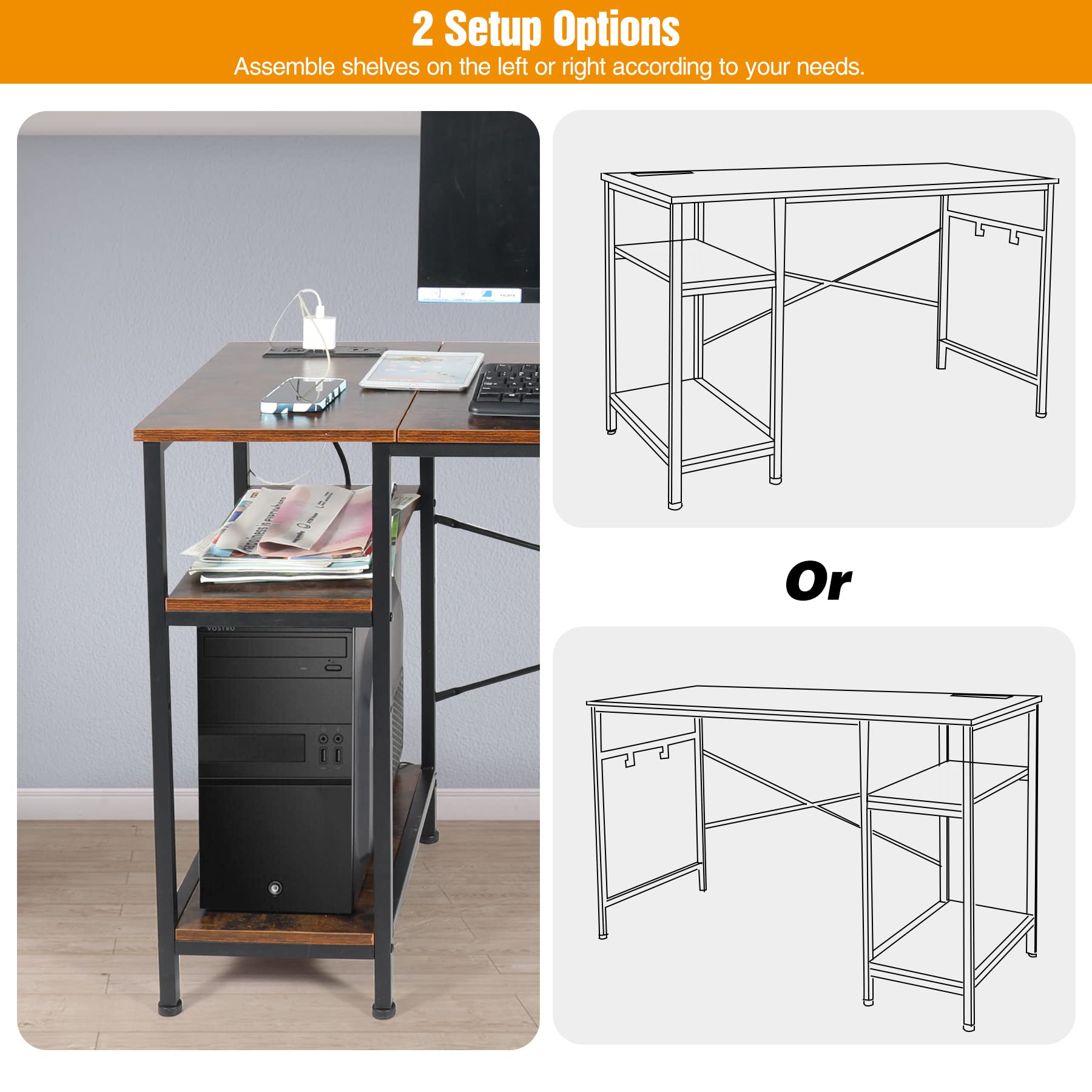 AKVOMBI 47 Inch Computer Desk with Adjustable Shelves & Power Outlet, Small Writing Desk for Small Spaces, Industrial Home Office Desk with USB Port, 2 Hooks, Rustic Brown