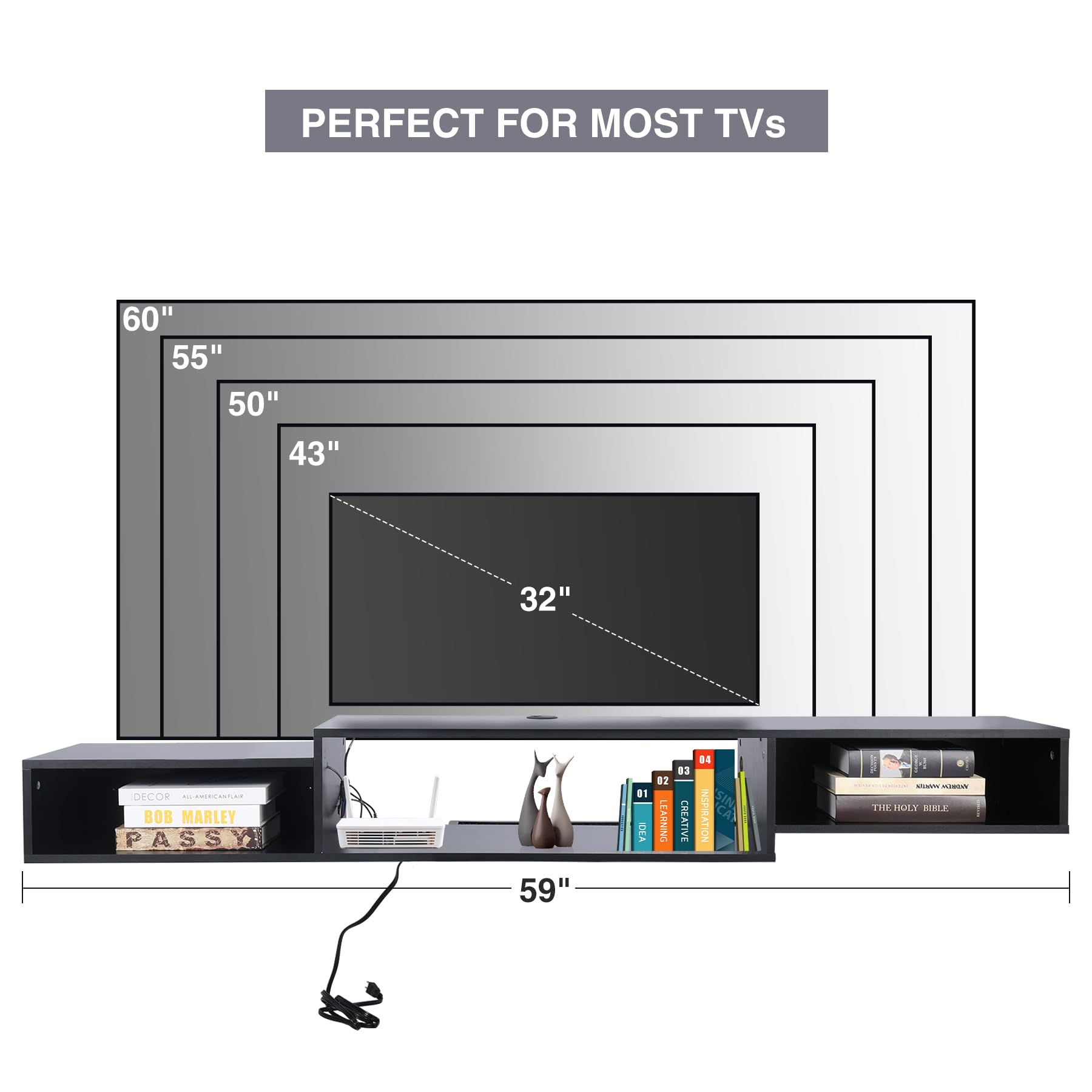 AKVOMBI 71" Floating TV Stand Wall Mounted, Floating Wall Shelf with Led Lights and Power Outlet, Floating Wall Media Console for Living Room Bedroom, Brown