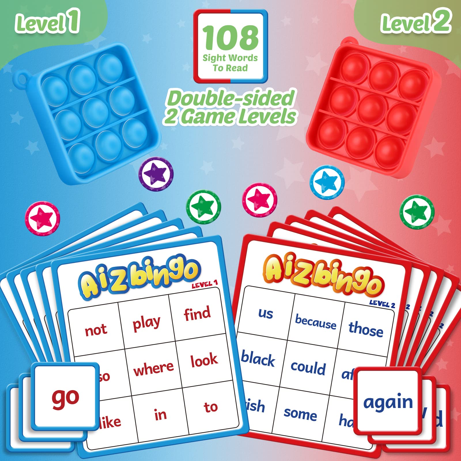 Aizweb Sight Word Game Bingo,Learn to Read Flash Card for Preschool Kindergarten 1st 2nd Grade,Educational Manipulative Toy for Kid,Reading Learning Games Site Word for Classroom Homeschool Supplies