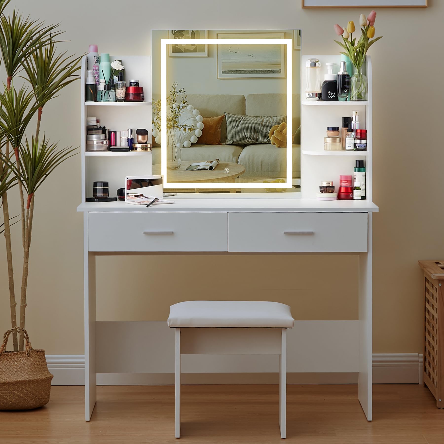 AKVOMBI Corner Vanity Desk with Lighted Mirror, Makeup Vanity with 5 Rotating Drawers, Dressing Table and Chair,3-Fold Mirror, Adjustable Brightness, White 43β L