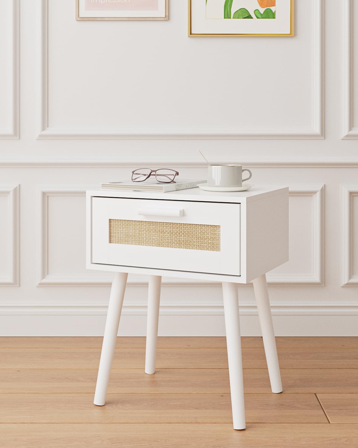 Aobafuir Bedroom Nightstands Wooden Night Stands with Rattan Weaving Drawer Home Bedside End Table for Bedroom Storage, White