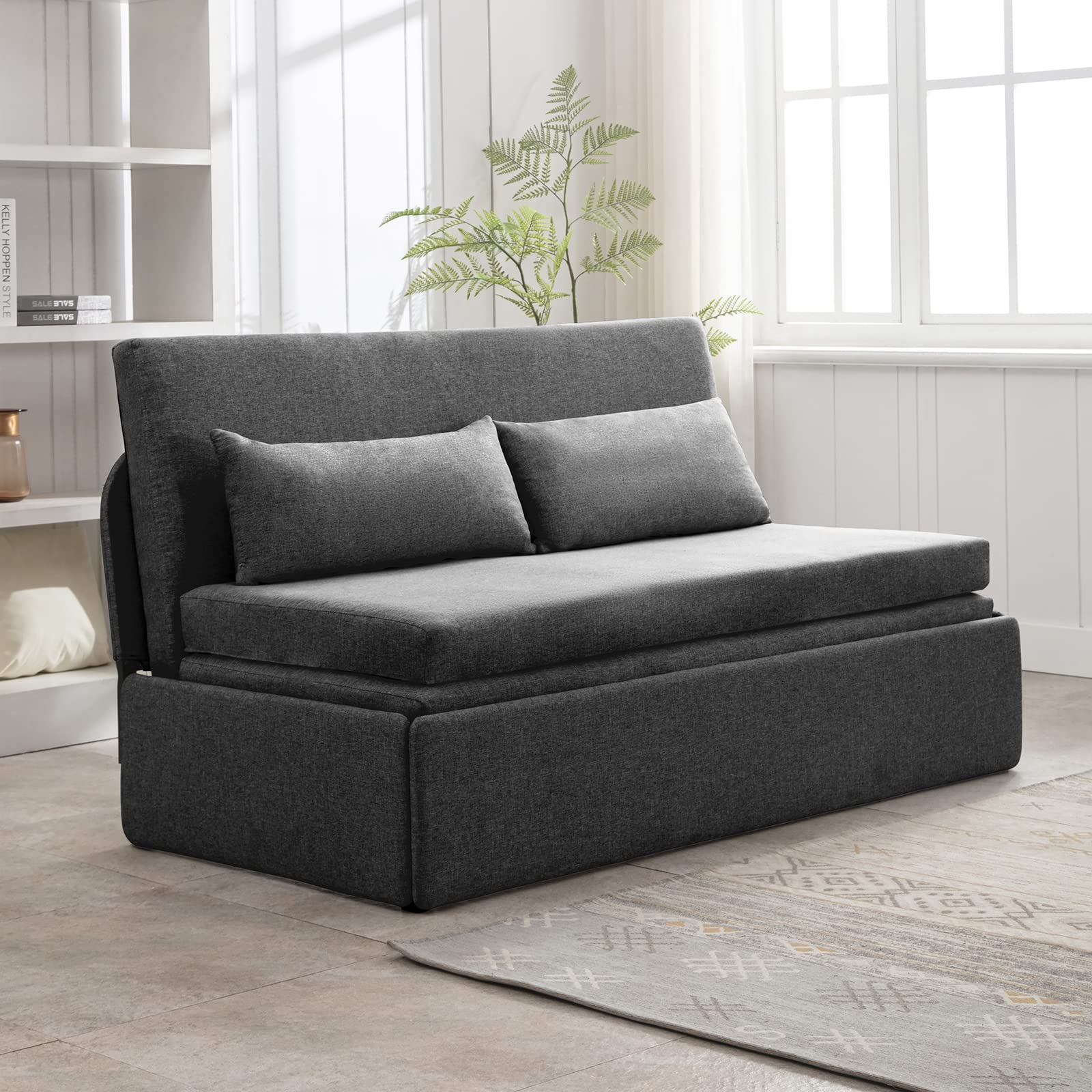 Mjkone Queen Size 2 in 1 Convertible Sofa Bed, Linen Loveseat with 1 Foldable Mattress and 2 Cushions, Pull Out Sleeper Sofa,Couch Bed for Small Place, Apartment and Office - Dark Gray