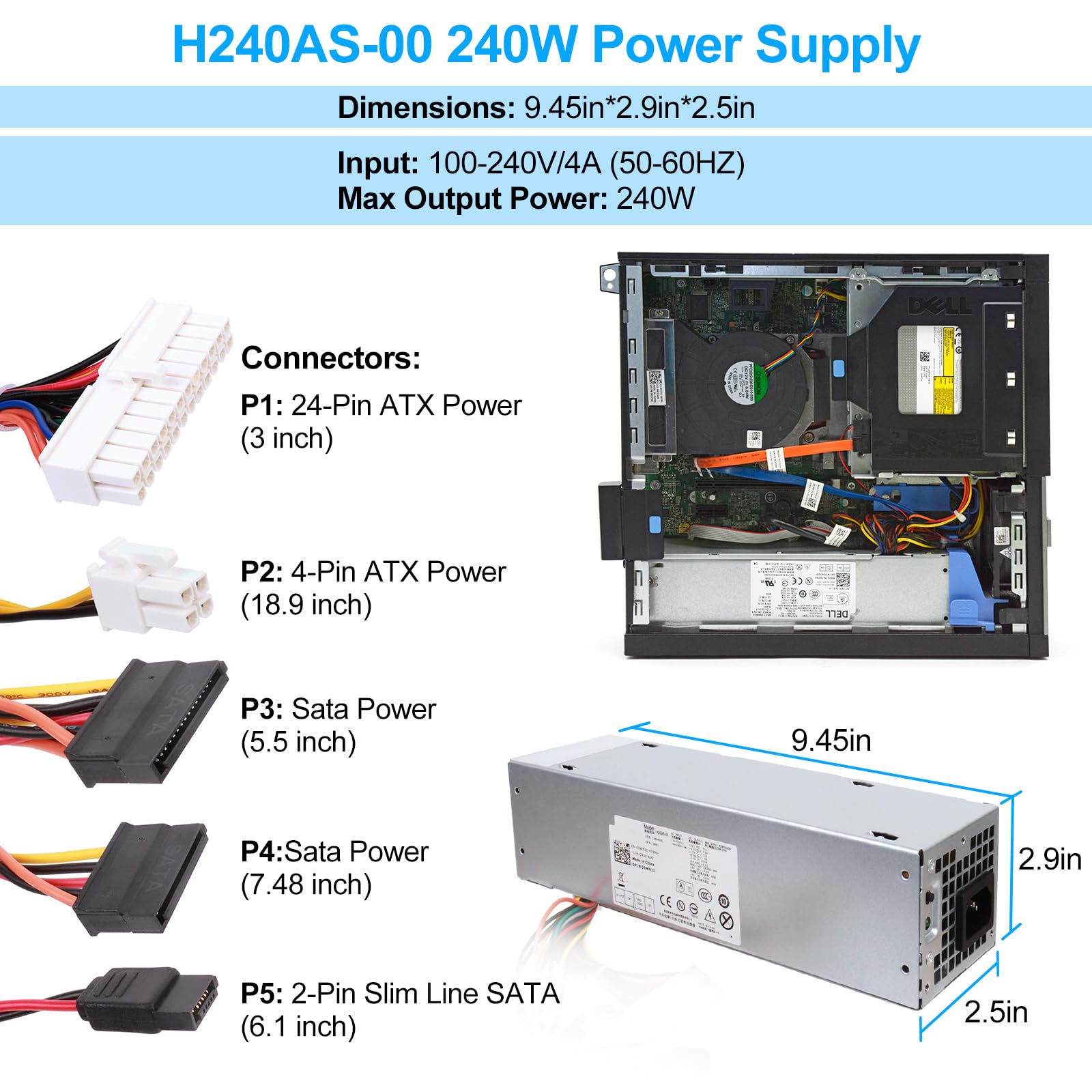 S-Union 240W Power Supply Unit Replacement for Dell OptiPlex 390 790 960 990 3010 9010 Small Form Factor System SFF H240AS-00 H240AS-01 H240ES-00 D240ES-00 AC240AS-00 AC240ES-00 L240AS-00 PH3C2