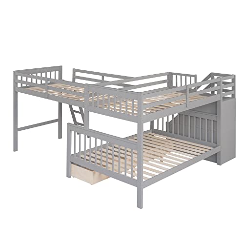 BOVZA Twin Over Full L-Shaped Bunk Bed Corner Loft Bunk Beds with Storage Drawers, Angled Ladder and Stairs, Wood Triple Bunk Bed for 3 Kids Teens Adults, Gray