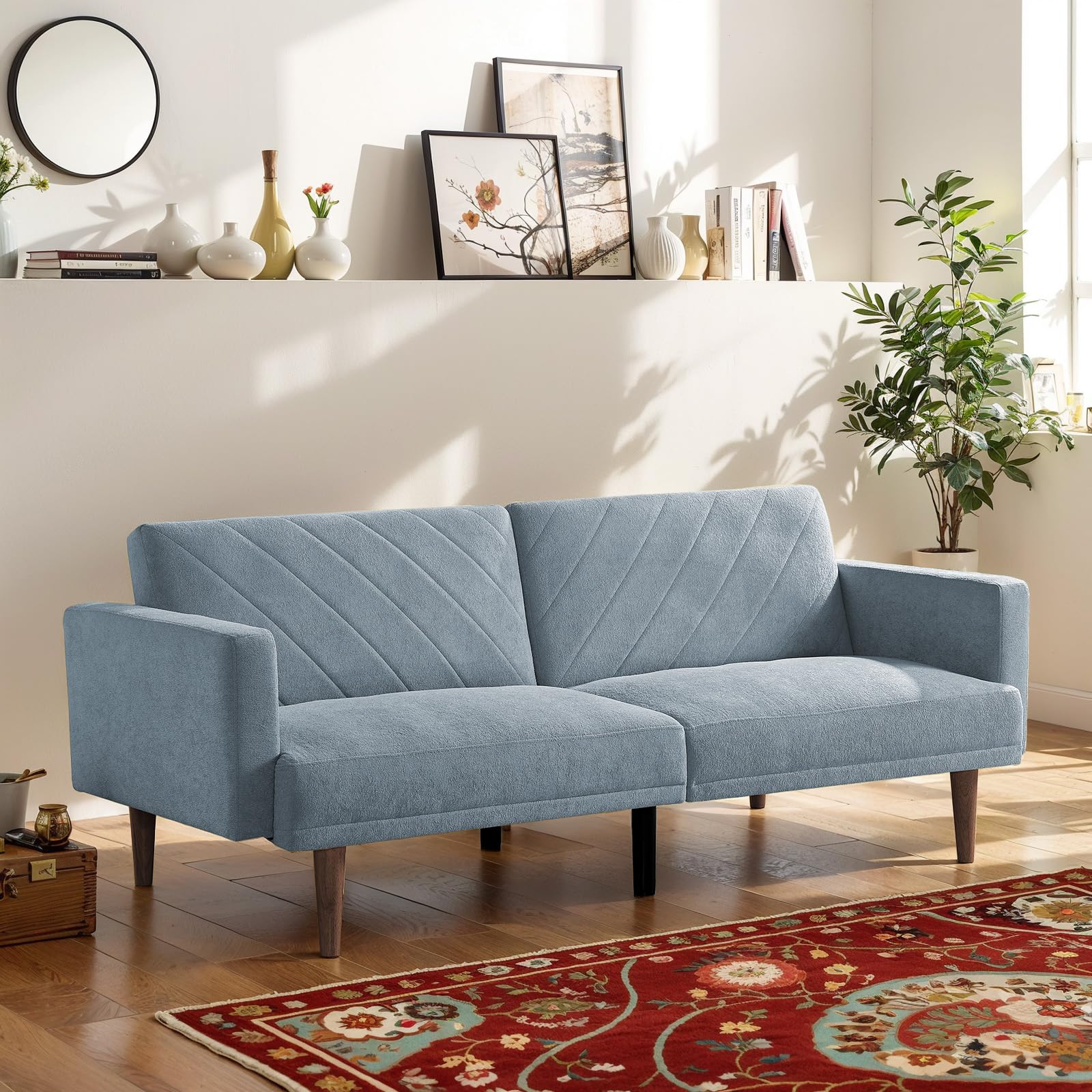 Artfurniz Folding Futon Sofa Bed: Reclining Sleeper Loveseat Convertible Modern Faux Leather Couch for Living Room Bedroom Apartment Solid Wood Leg, Light Blue