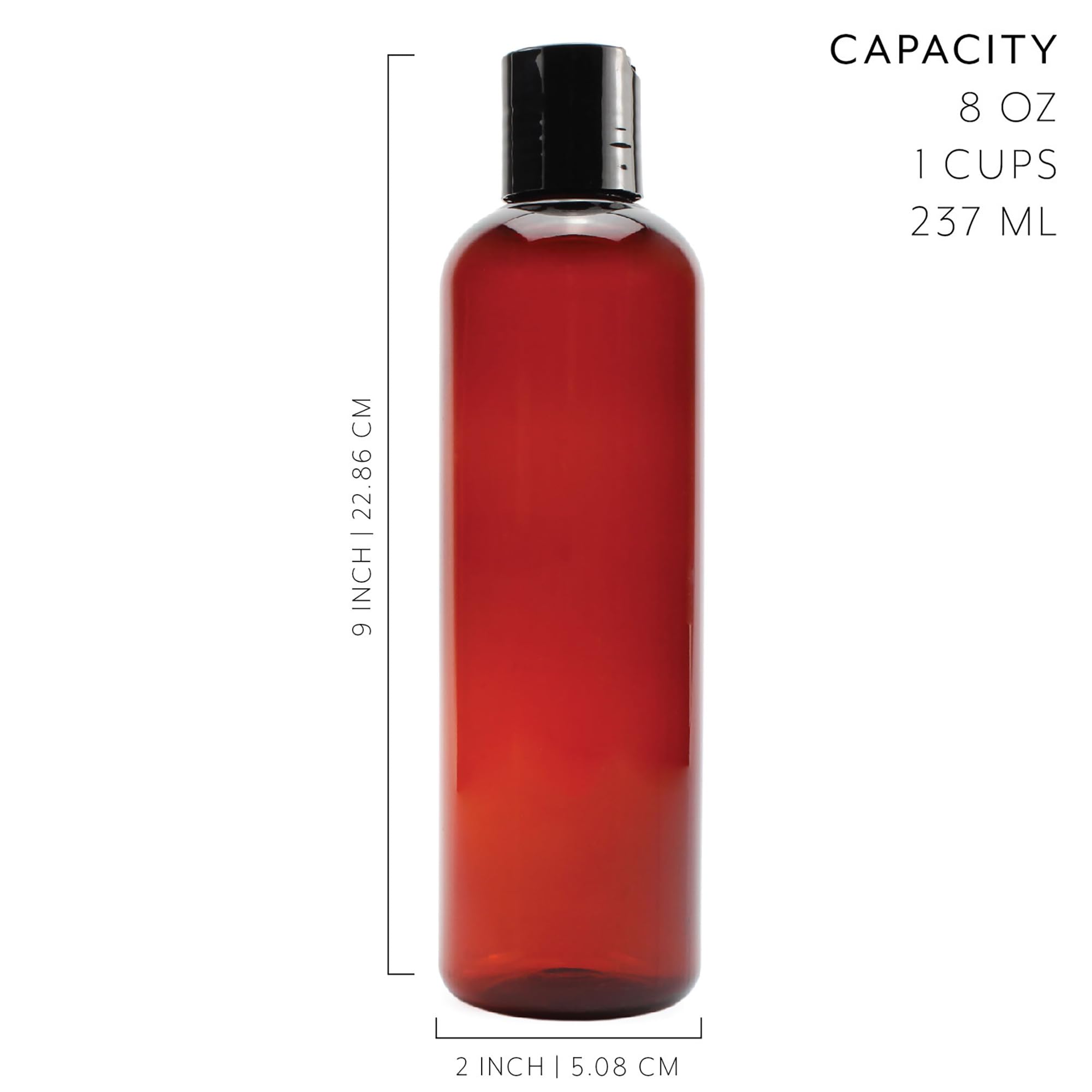 Cornucopia Brands 8oz Plastic Bottles w/Disc Top Flip Cap (6-Pack); BPA-Free Containers For Shampoo, Lotions, Liquid Body Soap, Creams (8 ounce, Amber Brown)