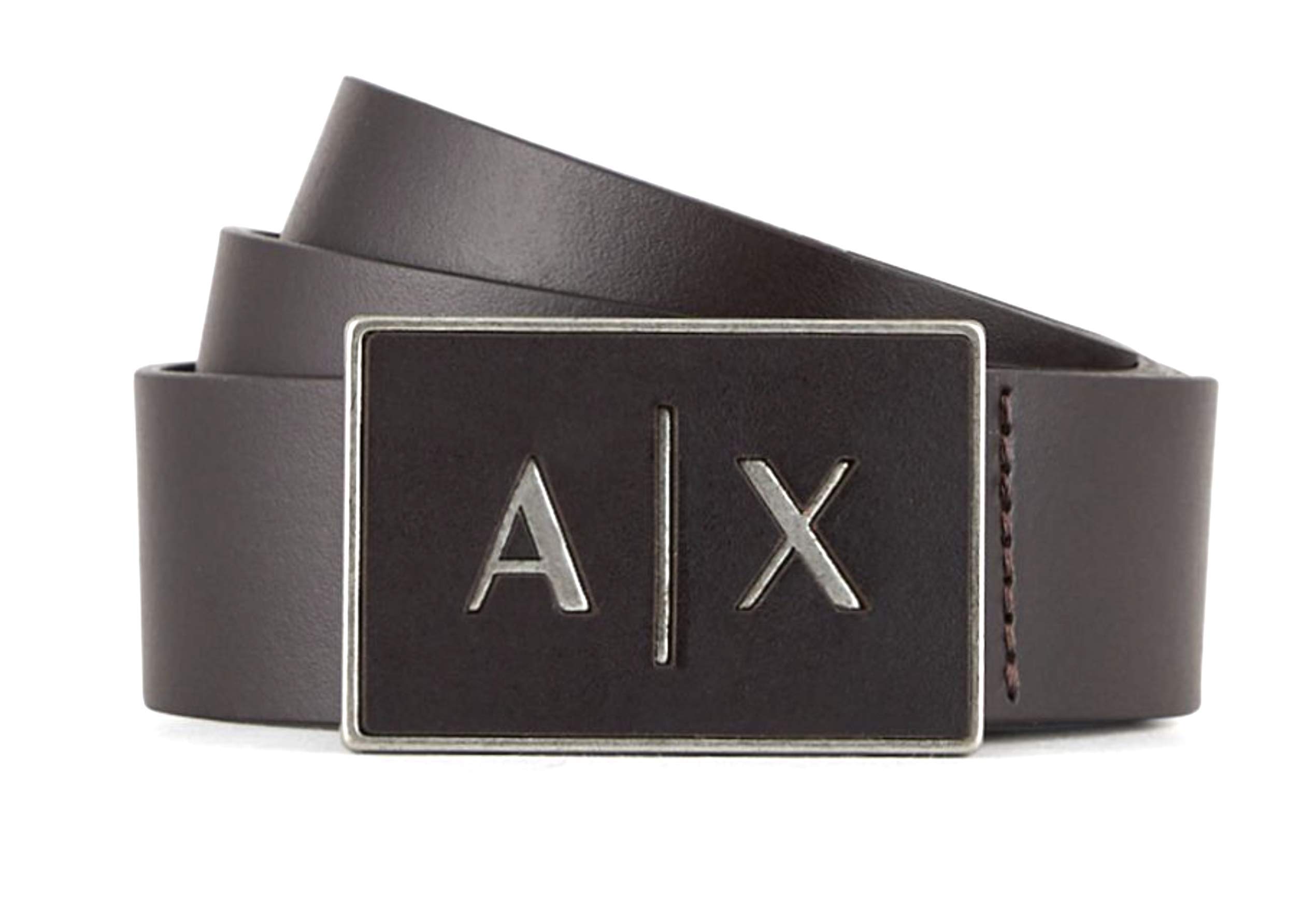 A|X Armani Exchange Men's Rectanguar Logo Plaque Belt, Dark Brown, 32