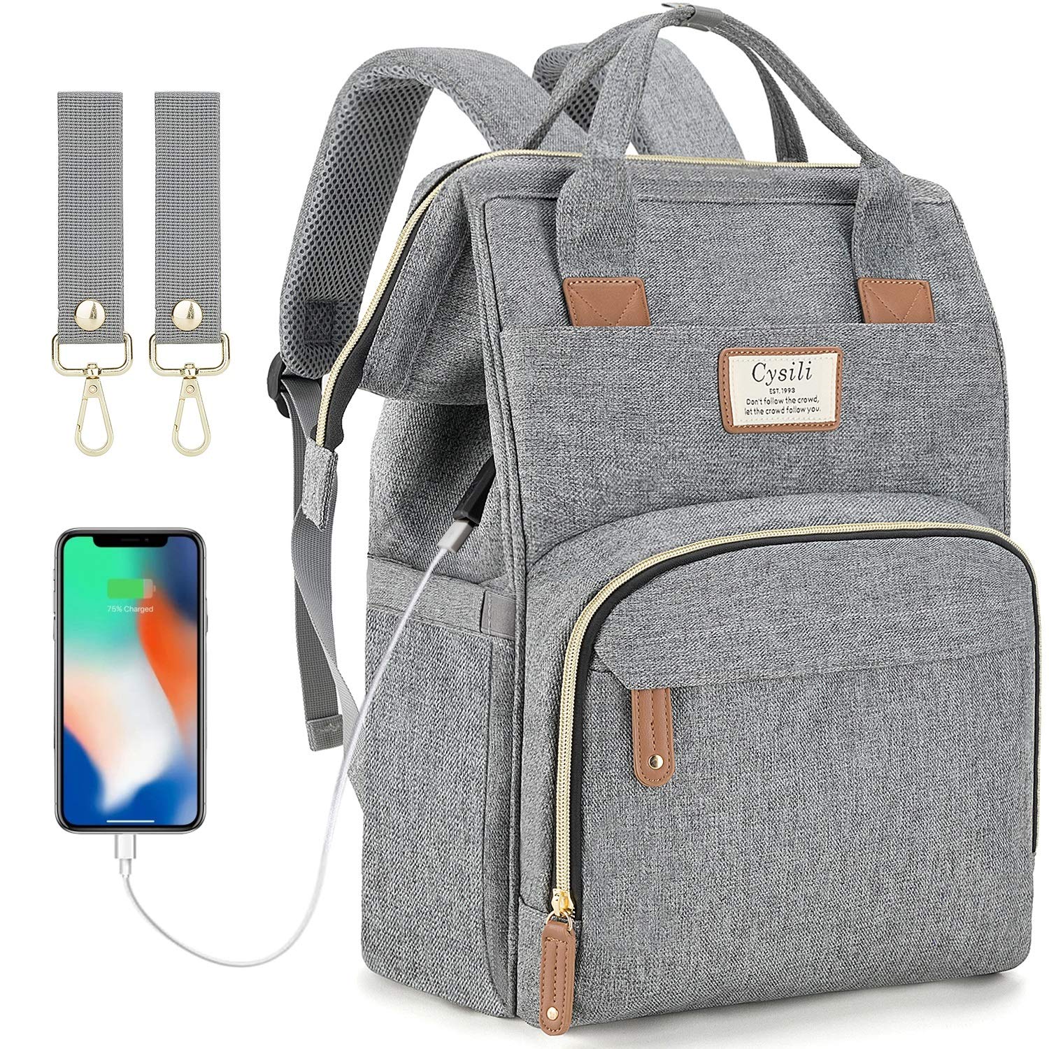 FANCYOUT Diaper Bag Backpack with USB Charging Port and Stroller Straps, Maternity Nappy Bag with Insulated Feeding Bottle Pocket (Grey)