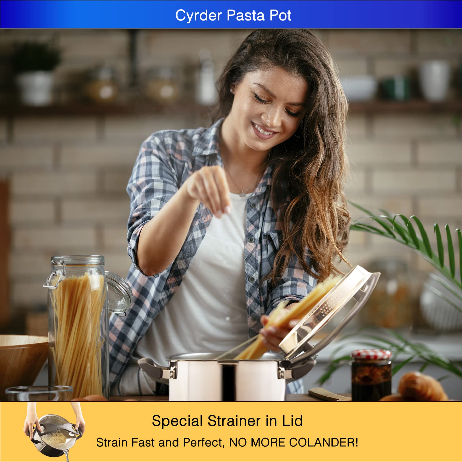Cyrder Stainless Steel Pasta Pot- Induction Pasta Pot with Strainer, Easy Stain &Perfect for Single and Couple, Dishwasher Safe, 3 Quart