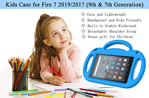LTROP Kindle Fire 7 Tablet Case, Fire 7 2019/2017 Case for Kids - Light Weight Handle Stand Shoulder Strap Child-Proof Case for Fire 7-inch Display Tablet (9th Generation & 7th Gen) - Blue