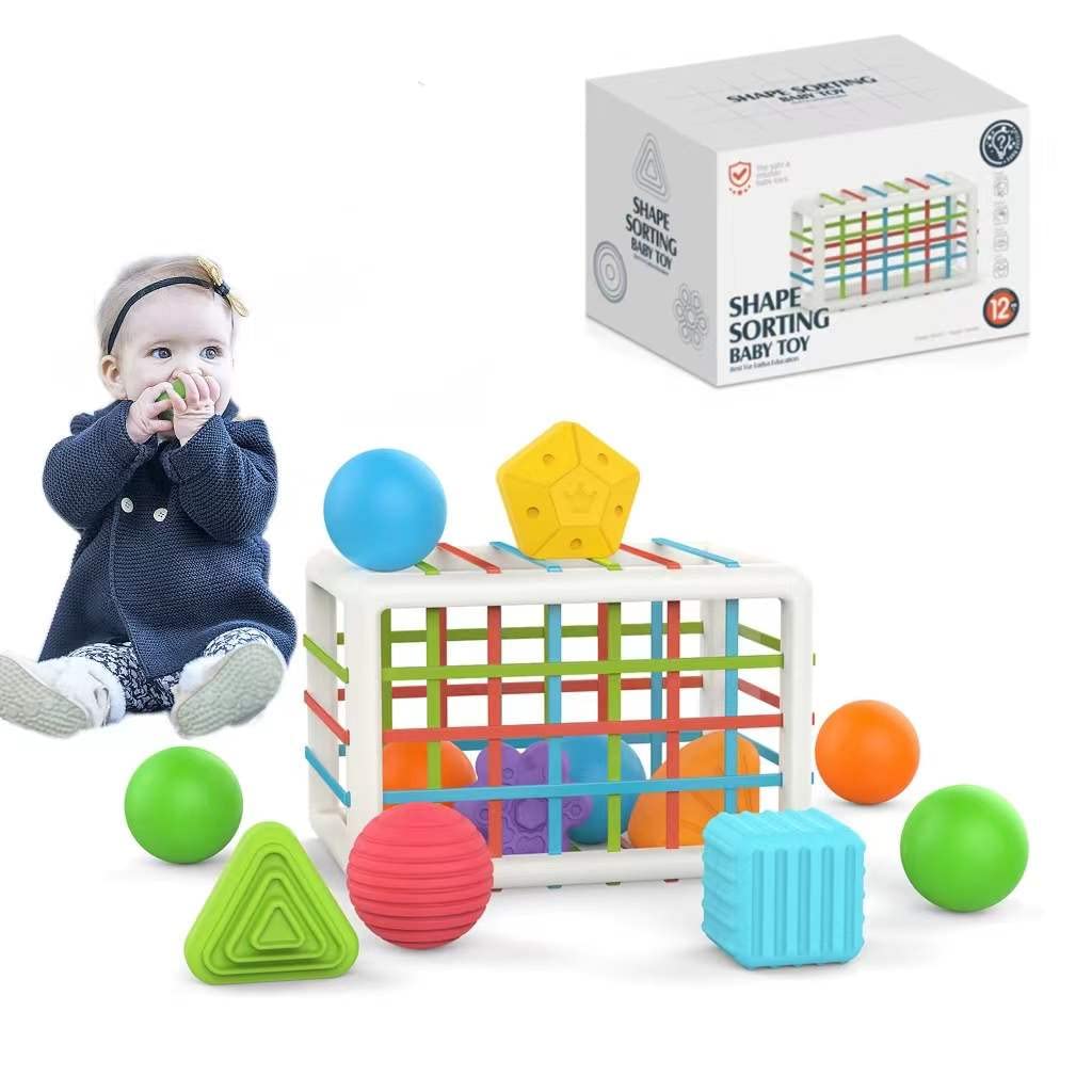 LOPSEN Baby Shape Sorter Toy Toddler Shape Sorting Toy Sensory Shape Bin with Colorful Elastic Bands Early Education Montessori Toys for Babies and Toddlers(12pcs)