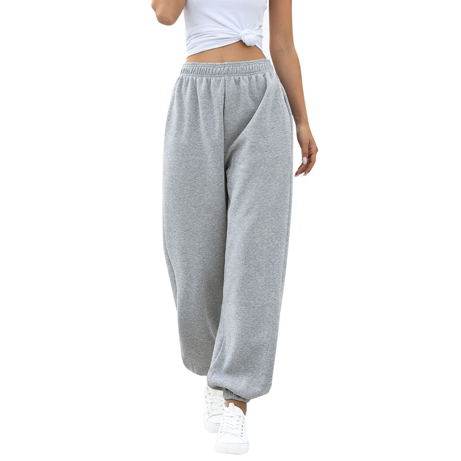 ASHER FASHION Women's Active Thick Jogger Sweatpants Baggy Lounge Yoga Pants with Pockets Sporty Gray Thick L