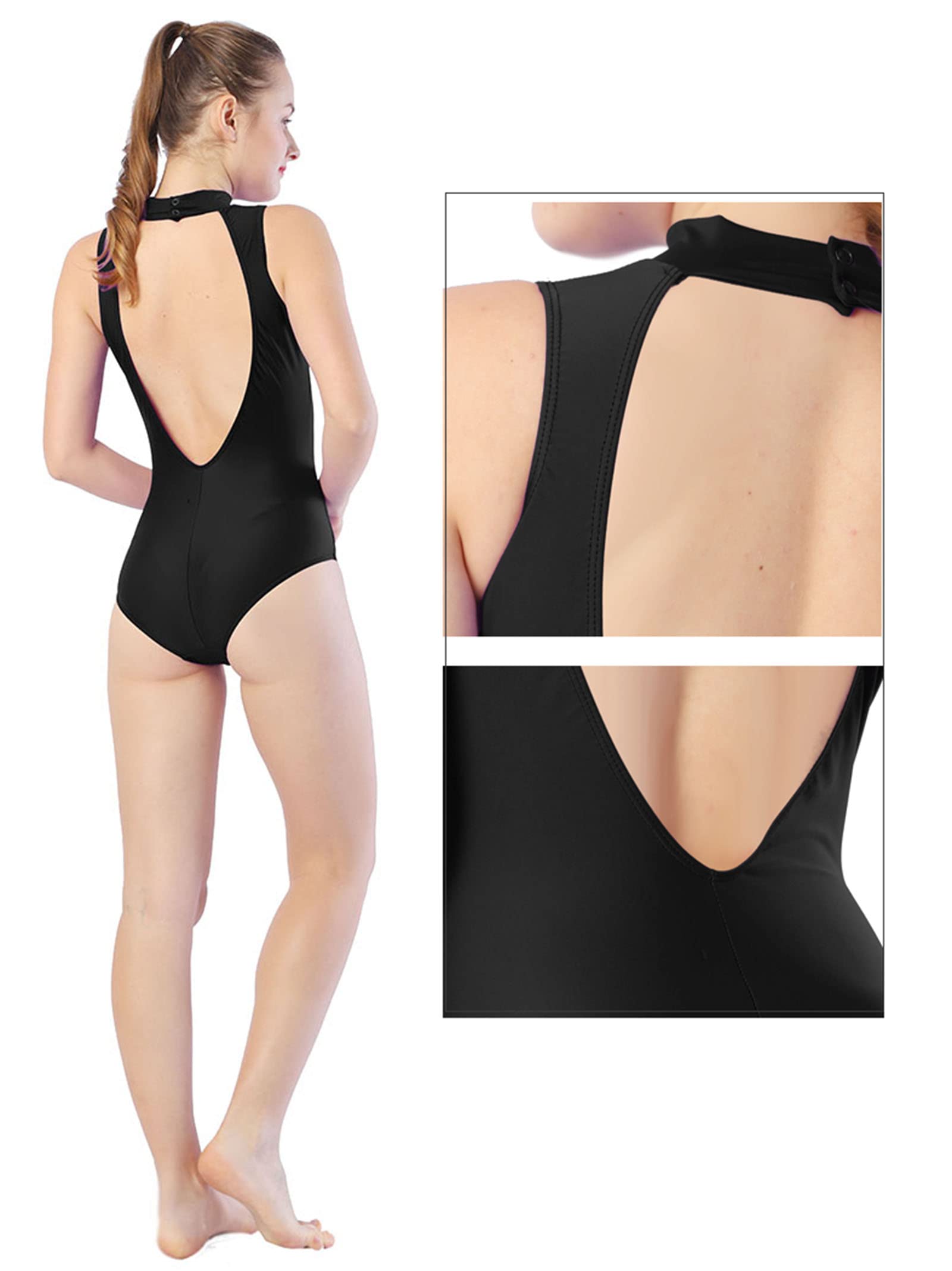 Aoylisey Women's High Neck Ballet Dance Leotard Open Back Gymnastics Bodysuit (Black, M)