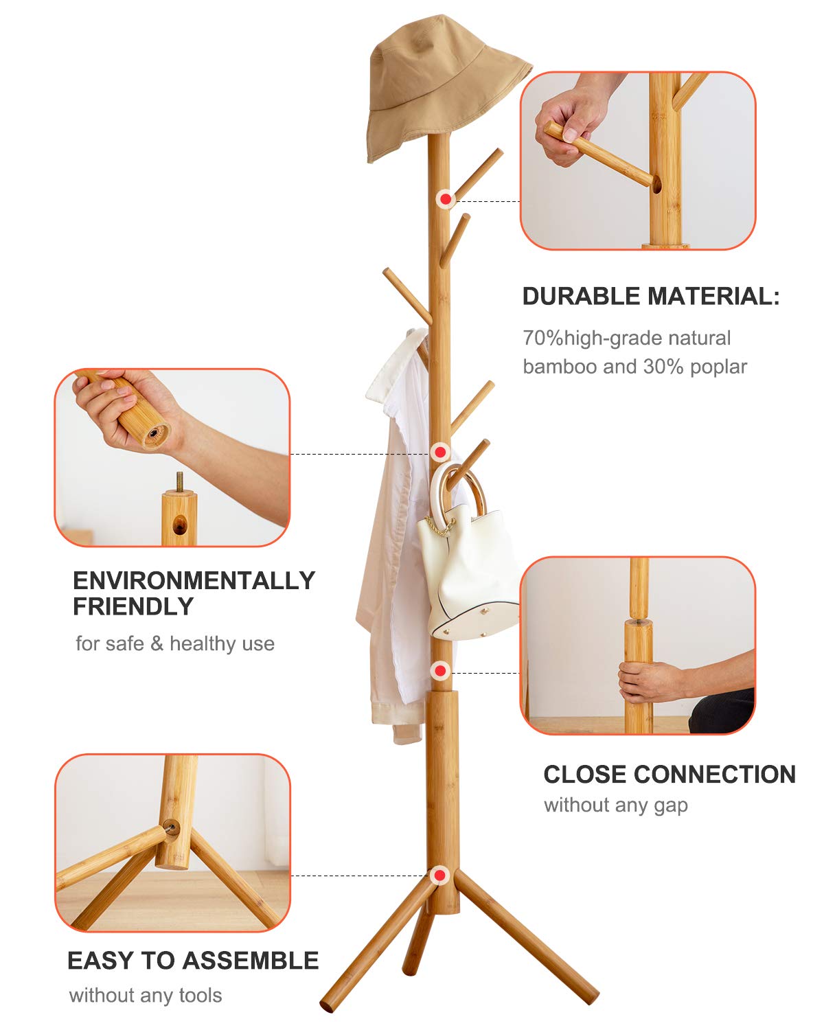 BMOSU Coat Rack freestanding Stand Bamboo Wooden Coat Tree 8 Hooks 3 Adjustable Standing Jackets Hanger Hallway Corner Parlor(Nature)