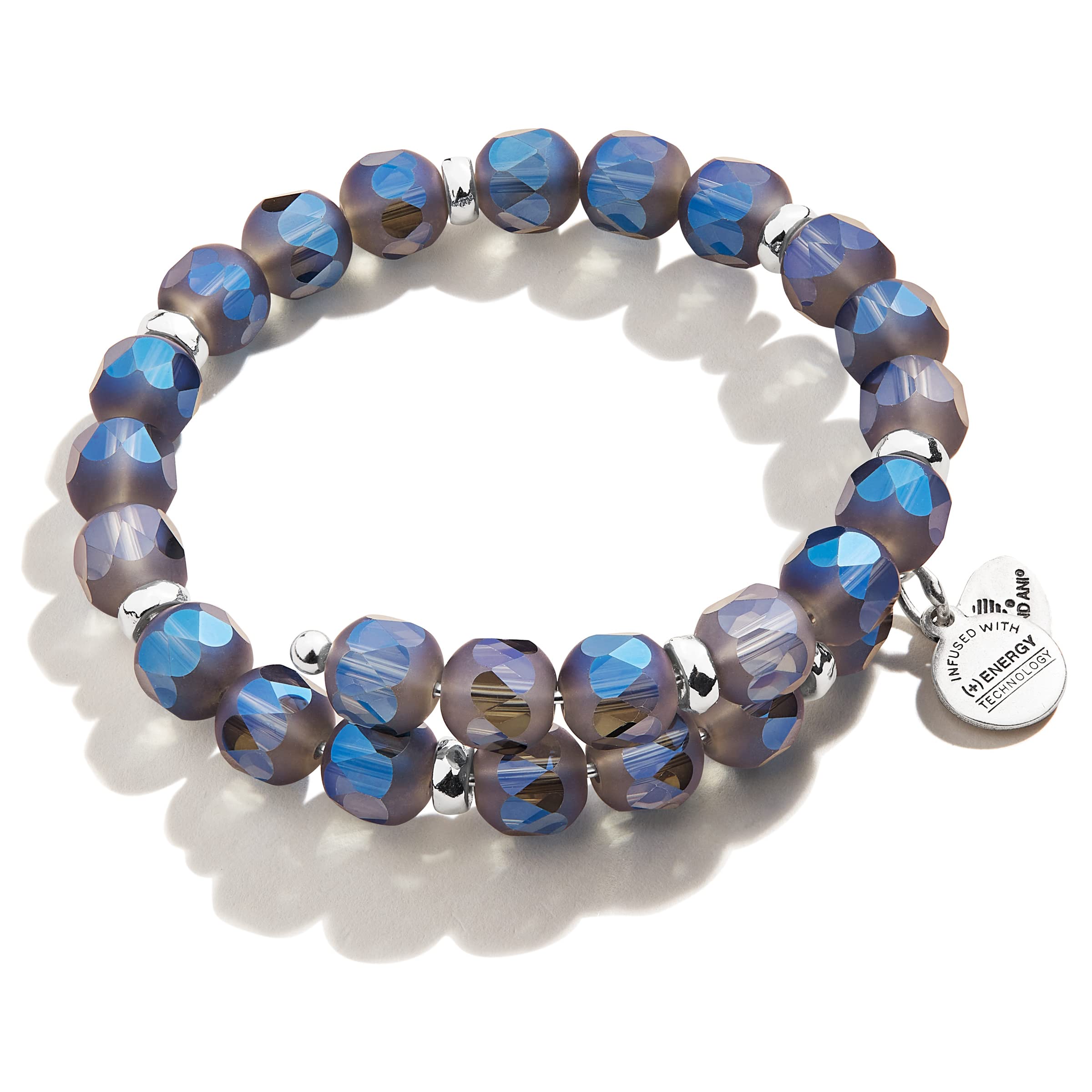 Alex and Ani Beaded Wrap Bracelet for Women, Nova Ocean Blue Beads, Flexible Wire, Shiny Silver Finish, Fits Most Wrists