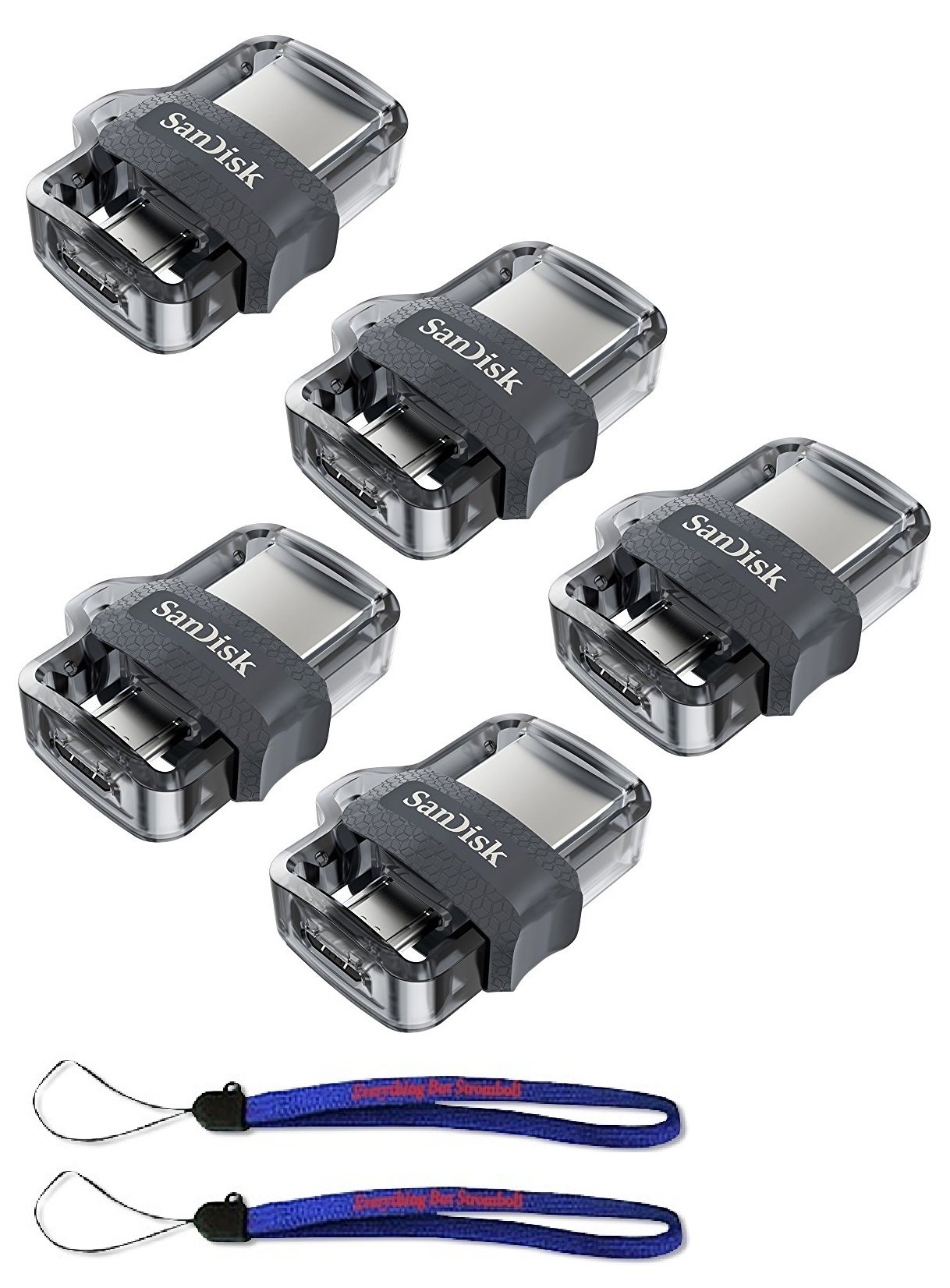SanDisk Ultra 32GB (Five Pack Bundle) Dual Drive m3.0 (SDDD3-032G-G46) works with Android Devices and Computers Flash Drive with Everything But Stromboli (TM) Lanyard