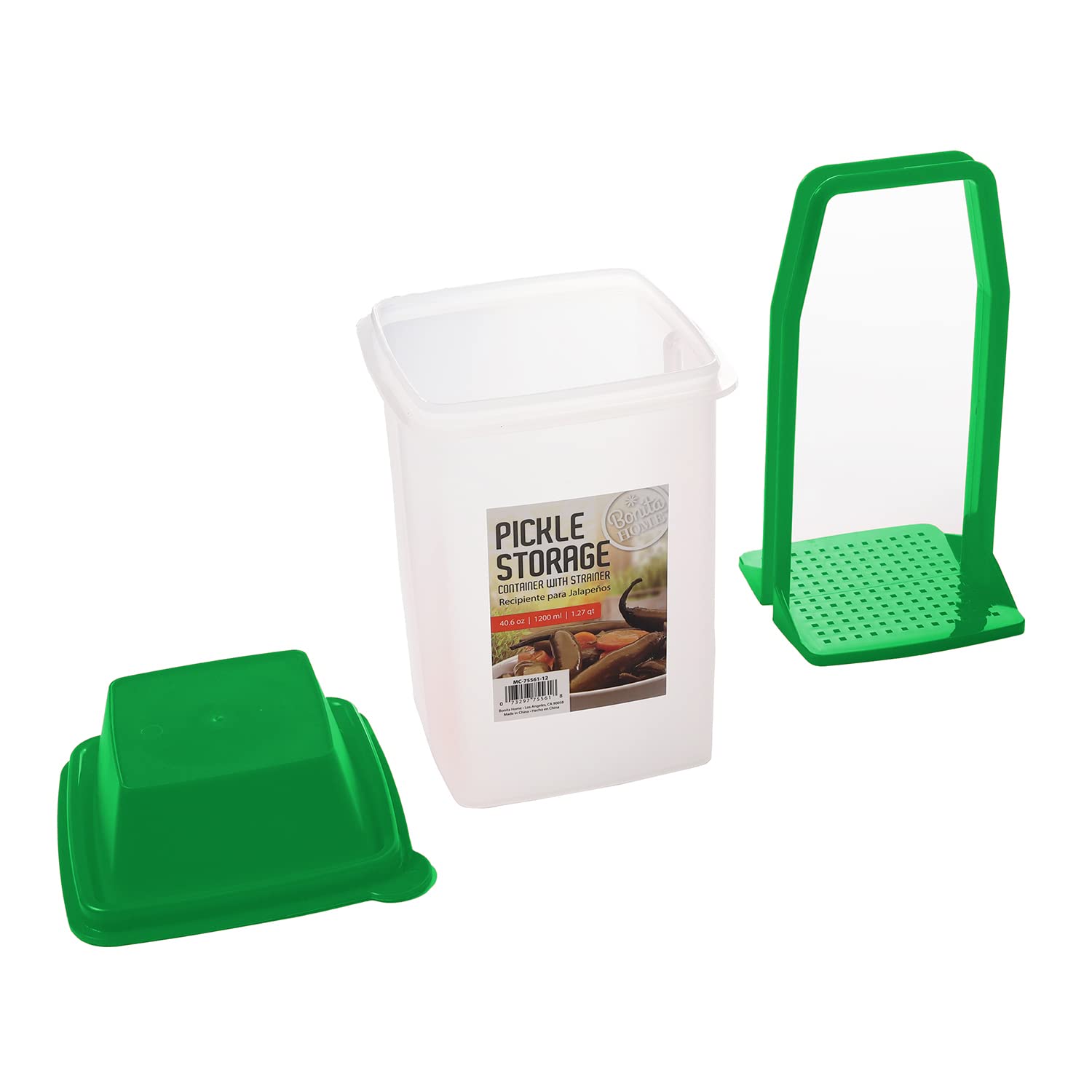 Bonita Home Pickle Storage Container with Strainer | Lift, Drain and Store Condiment Food Saver Jar with Snap Lid | 40.6 oz, 7.5" H x 4.25" W x 4.25" L (Jade Green)