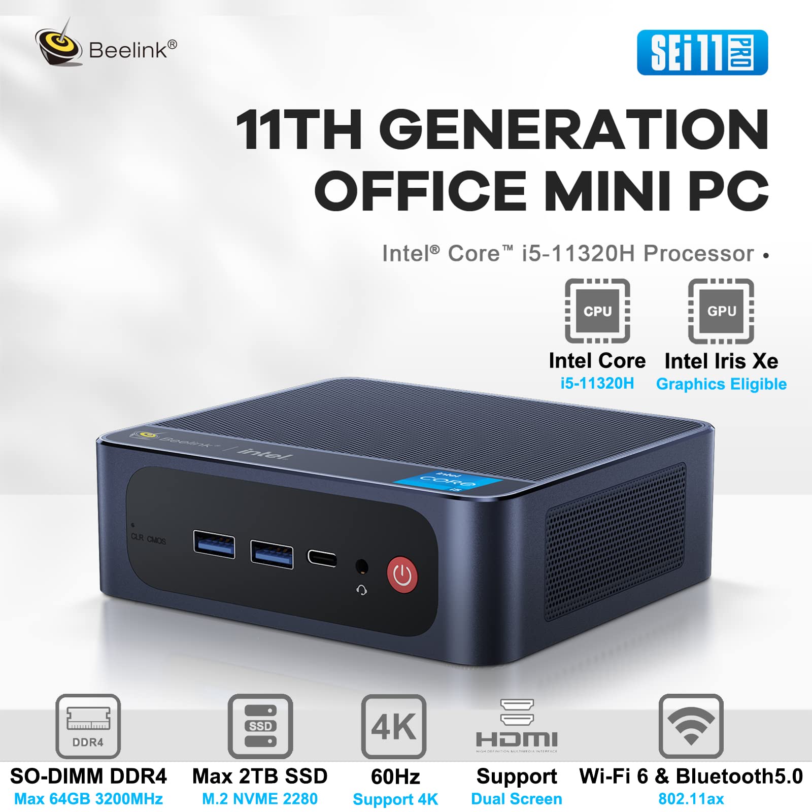 Beelink SEI Mini PC with i5-11320H 16GB DDR4 500GB NVMe M.2 SSD Dual Display 4K@60Hz Output, Dual HDMI, Wi-Fi 6, RJ45, Bluetooth 5.2, W-11 Gaming Office Mini Computer