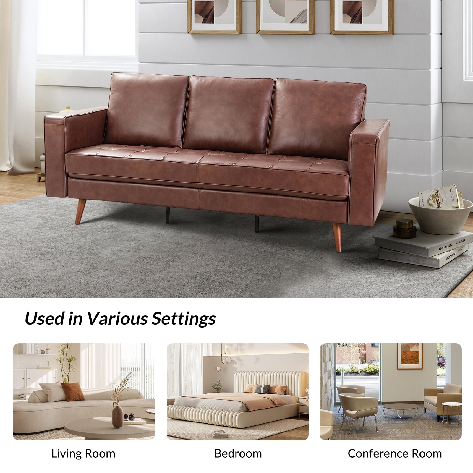 HULALA HOME 82" W Genuine Leather Sofa for Living Room, Contemporary Sofa 3 Seater Sofa ,Tufted Leather Couch with Solid Wood Legs,Navy